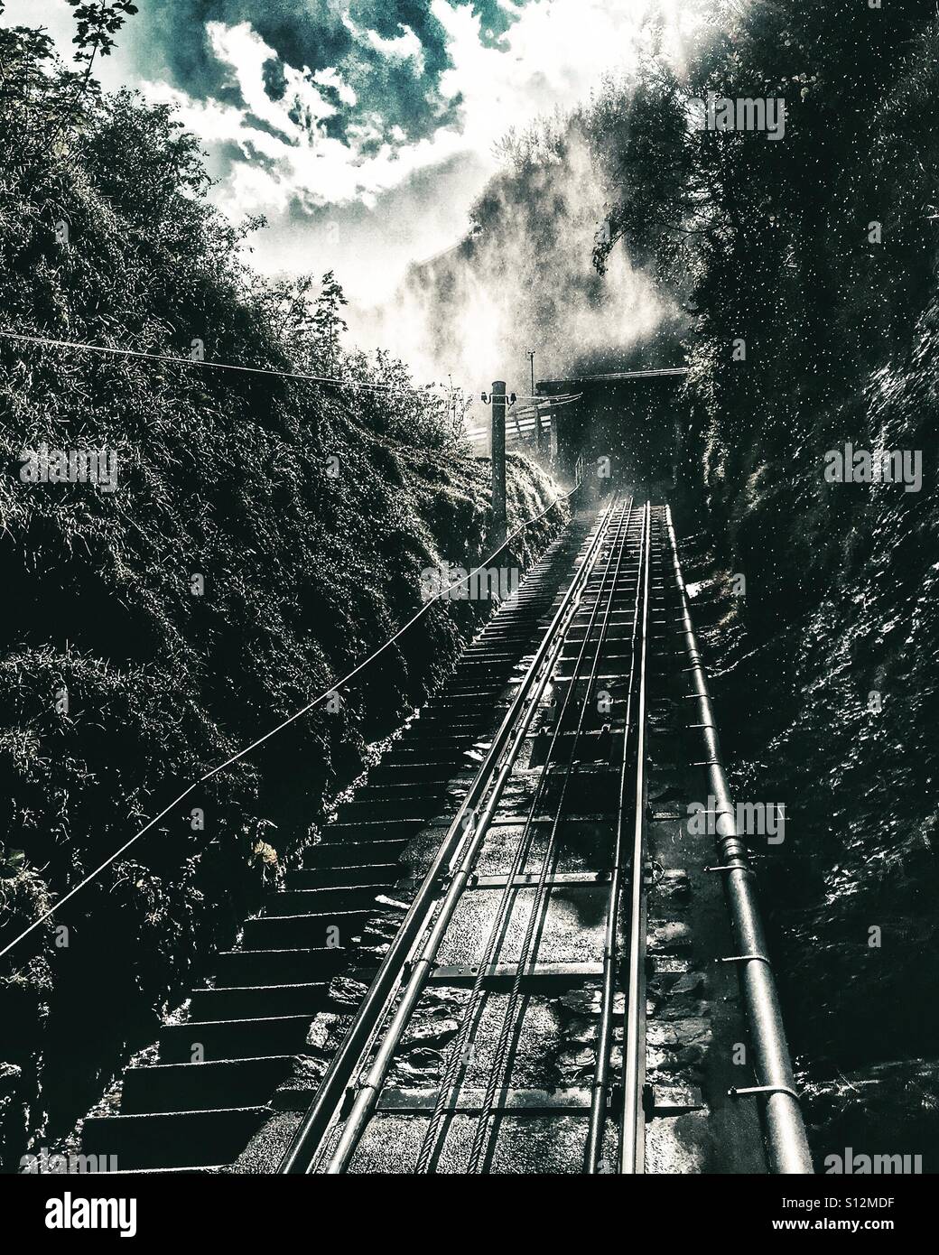Track of funicular railway leading up to Reichenbach Falls, Switzerland ...
