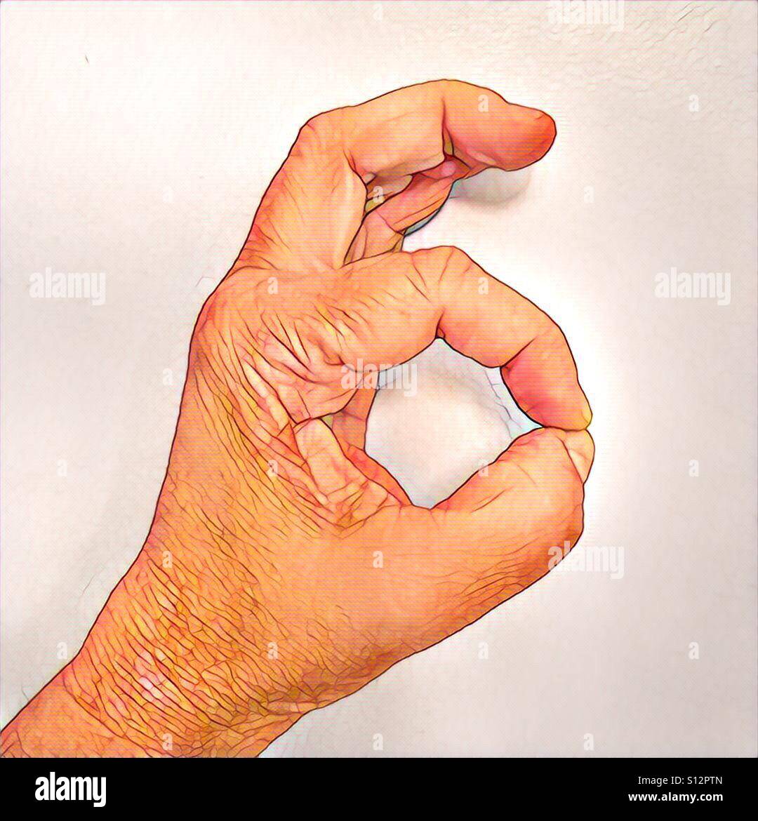 One of a series of 7 artistic renderings of a hand making different ...
