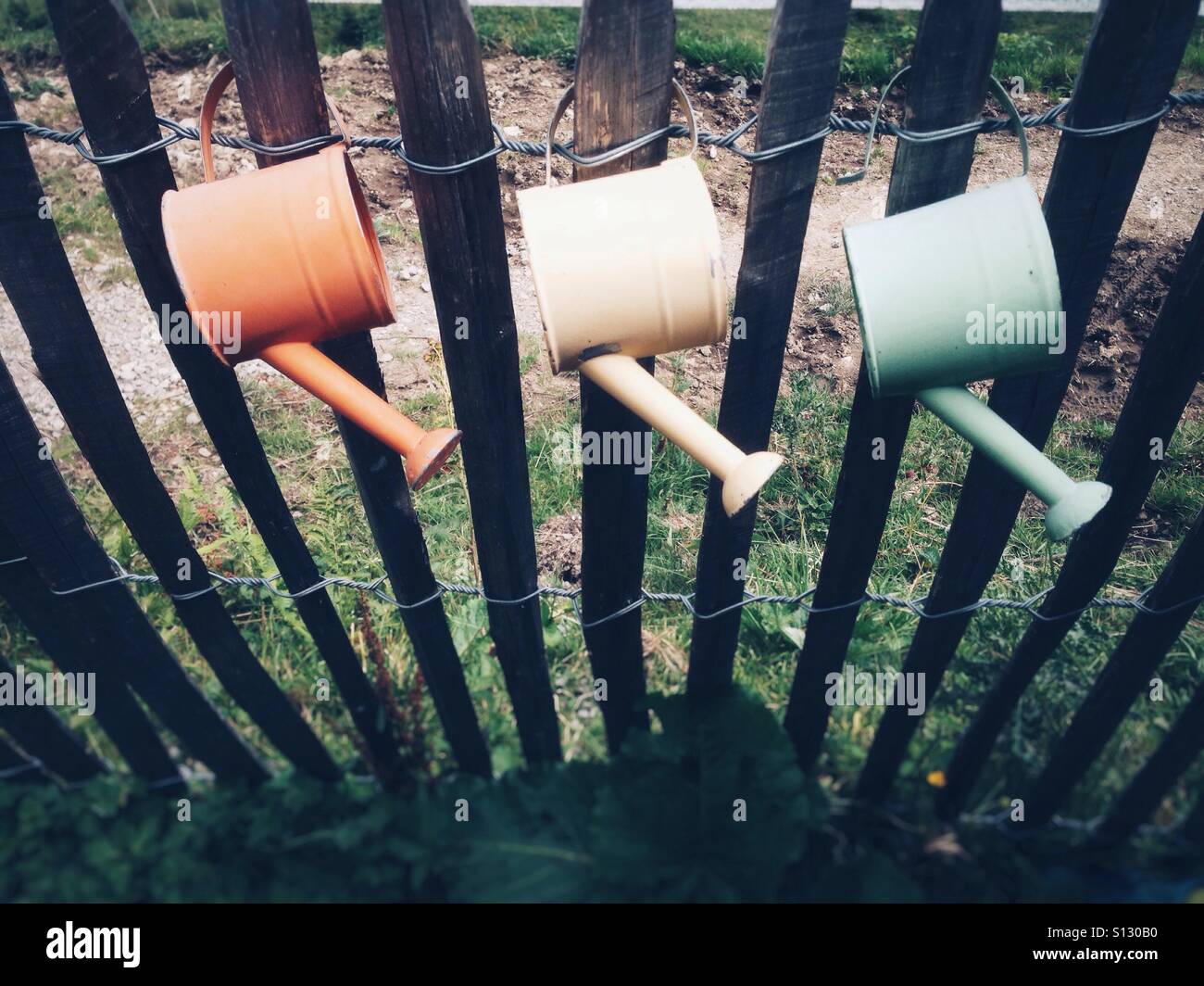 Three coloured metal watering cans for children hanging on a wooden ...