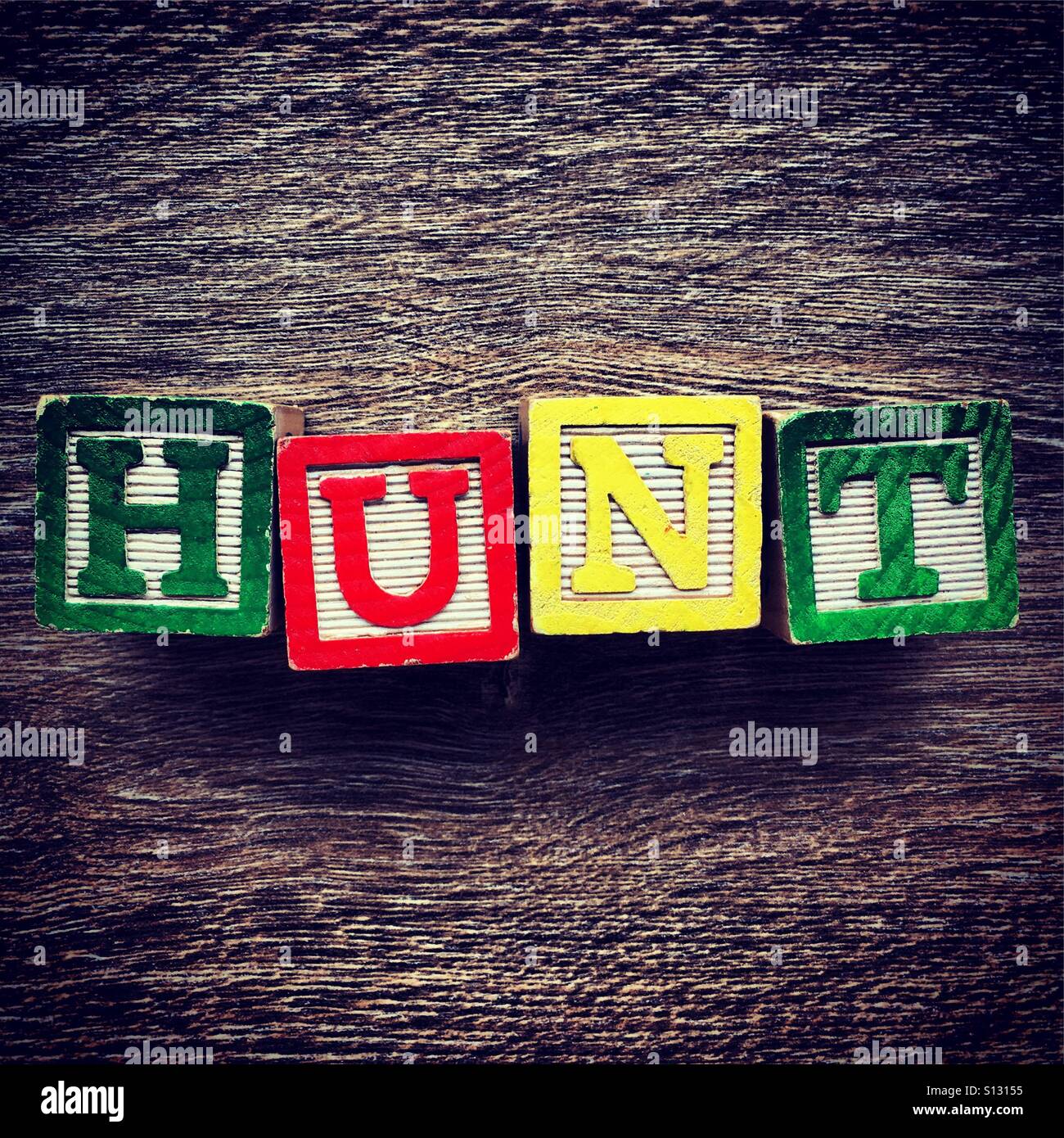 HUNT word written with wood block letter toys Stock Photo - Alamy