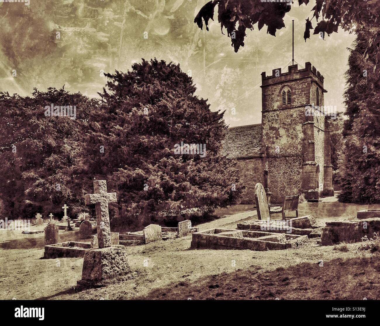 An antique effect picture of The West Tower & Graveyard of the Grade 2 ...