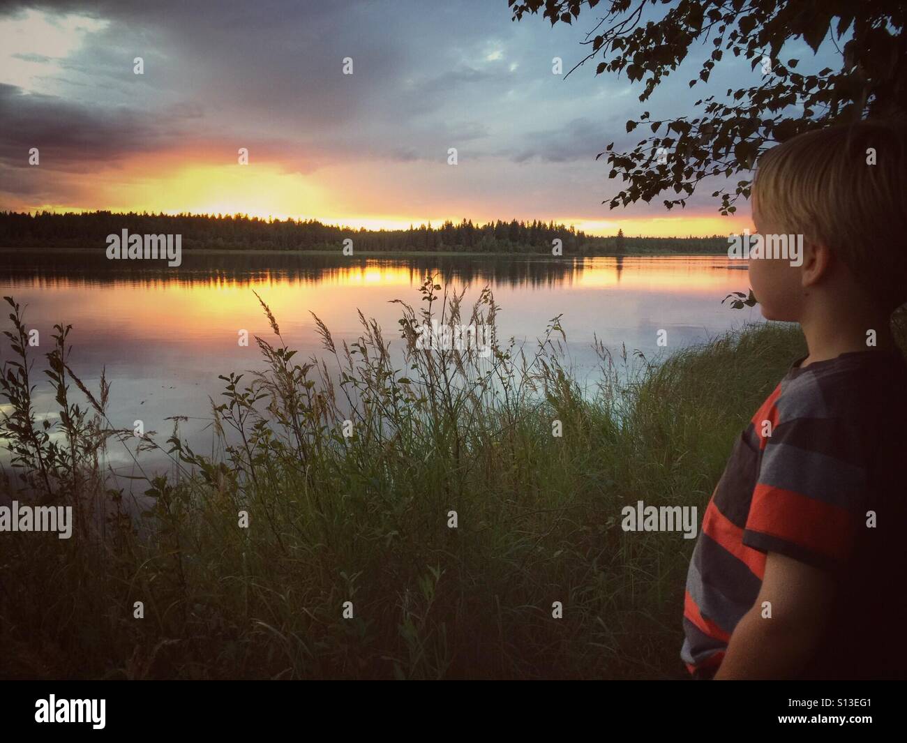 A young boy takes in the sunset at a lake surrounded by forest Stock ...