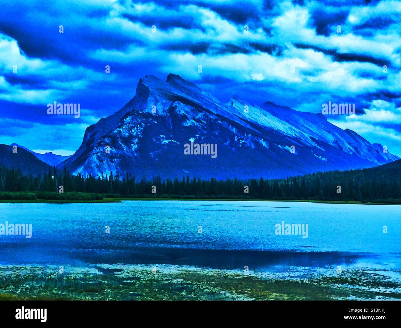 Shades of blue, Mt. Rundle and Vermillion Lakes. Banff Park, Alberta ...
