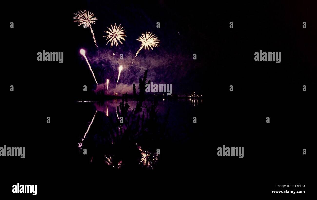 Fireworks reflect in a pond Stock Photo - Alamy