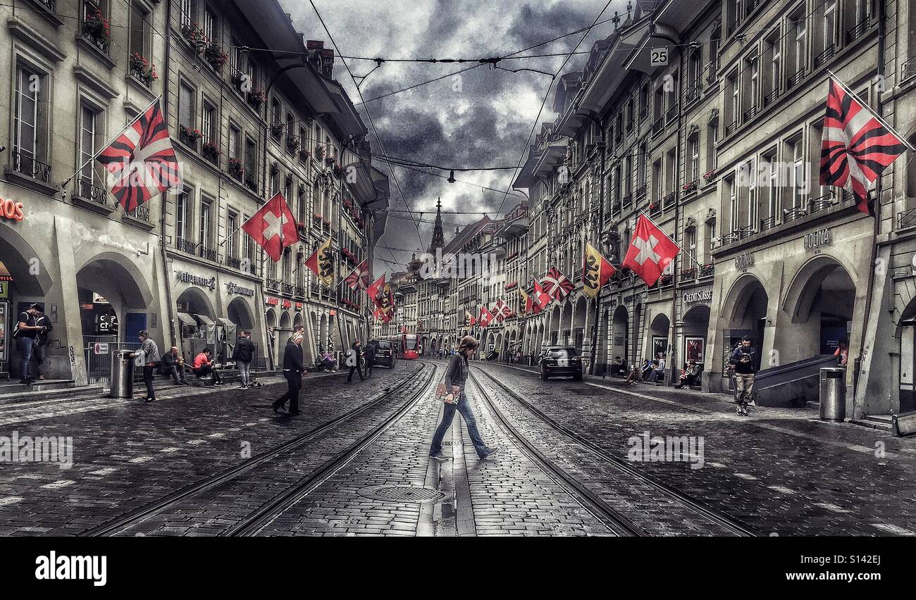 The main shopping street of Bern, Switzerland on a rainy day Stock ...