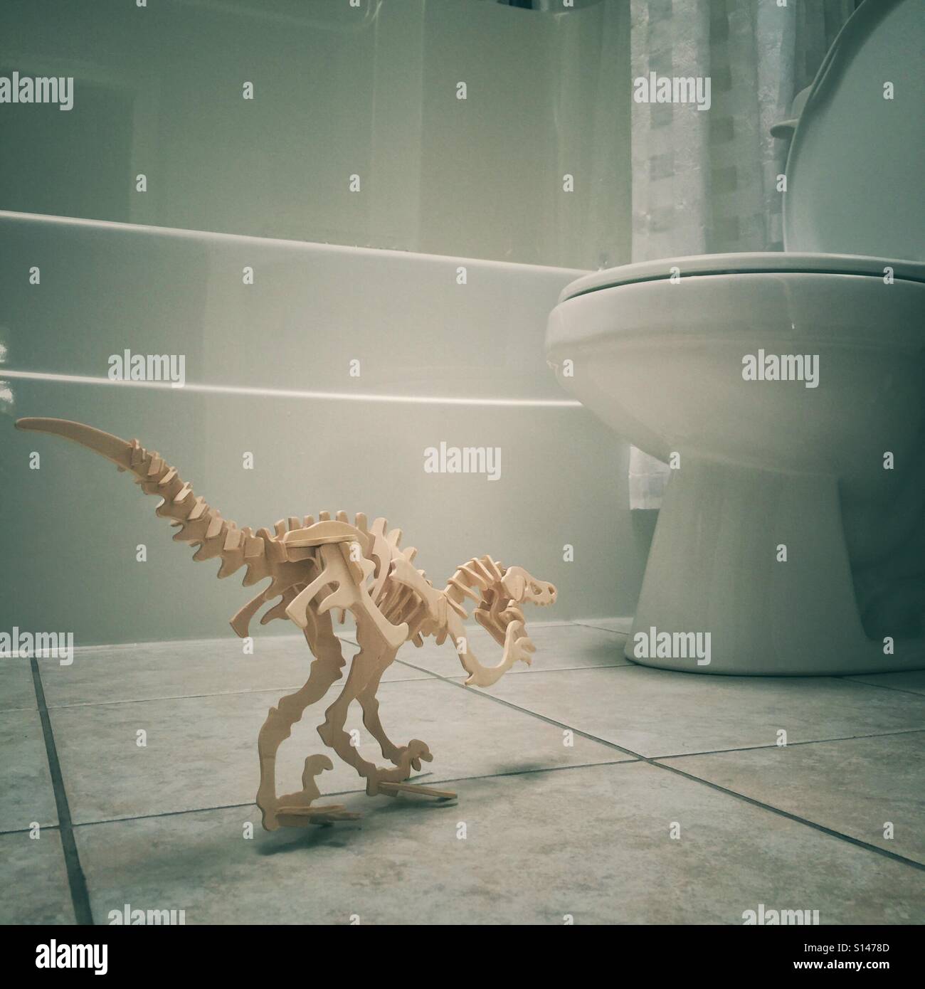 A skeletal dinosaur figure runs toward the toilet in a bathroom Stock ...