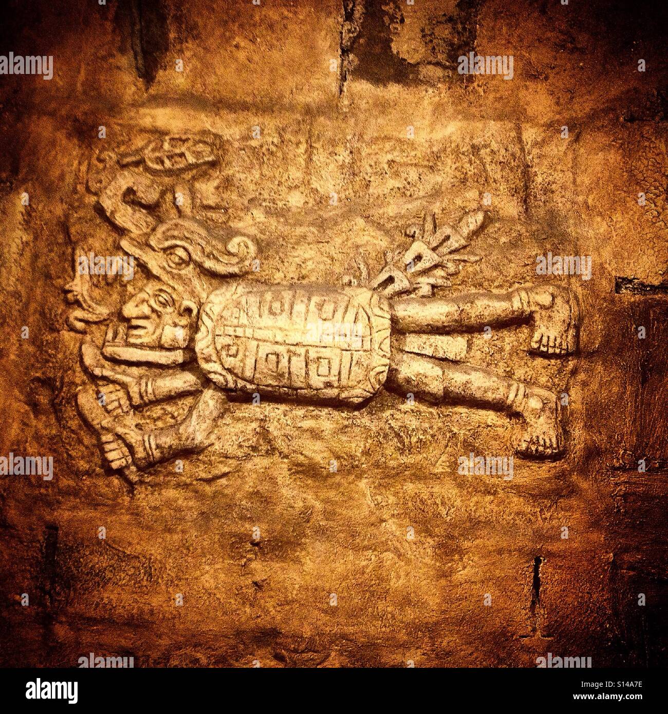 A flying turtle man decorates an Mesoamerican Pre-Hispanic tomb in the ...