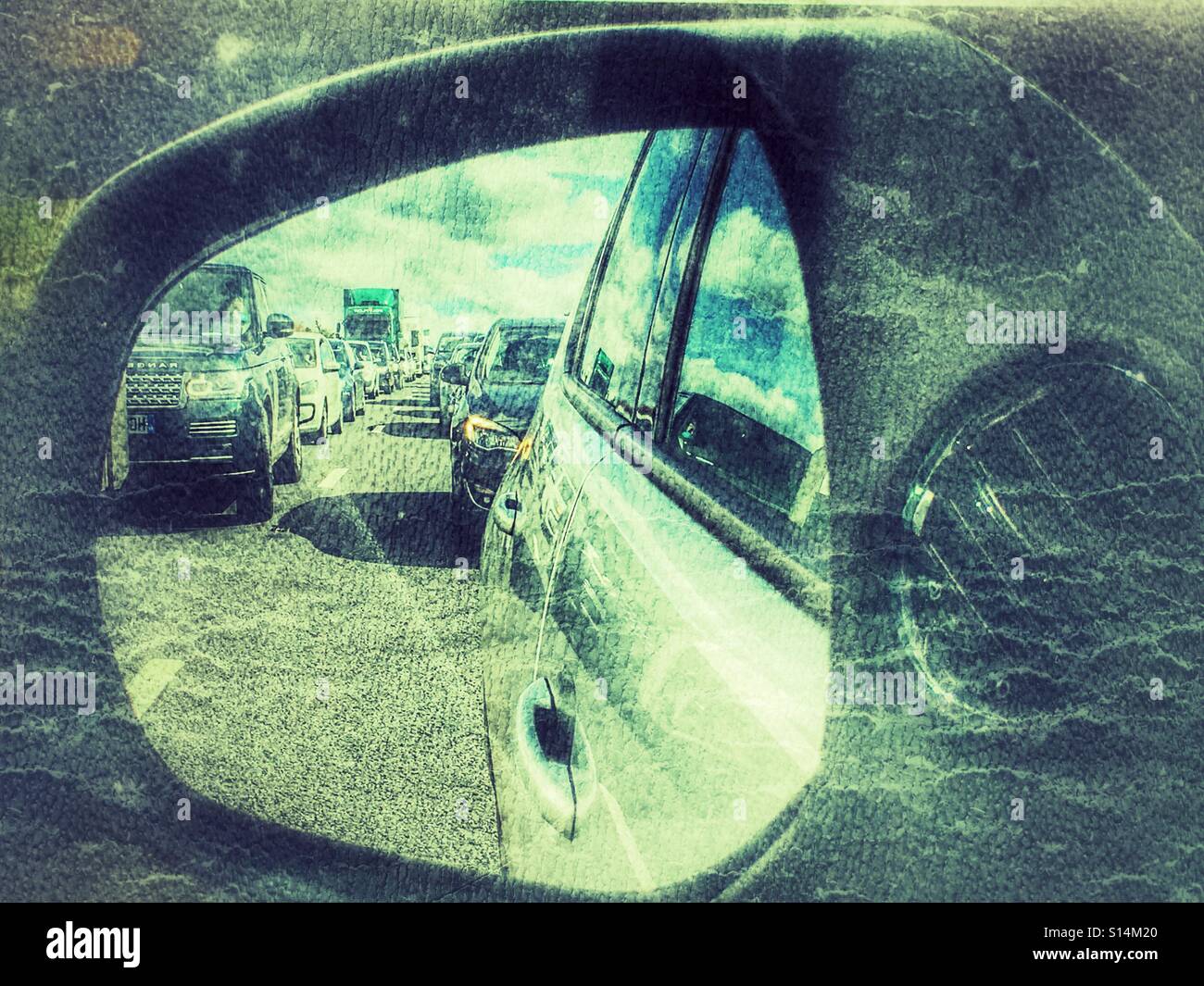 Traffic jam tailback, reflected in wing mirror of car on the A303 near ...