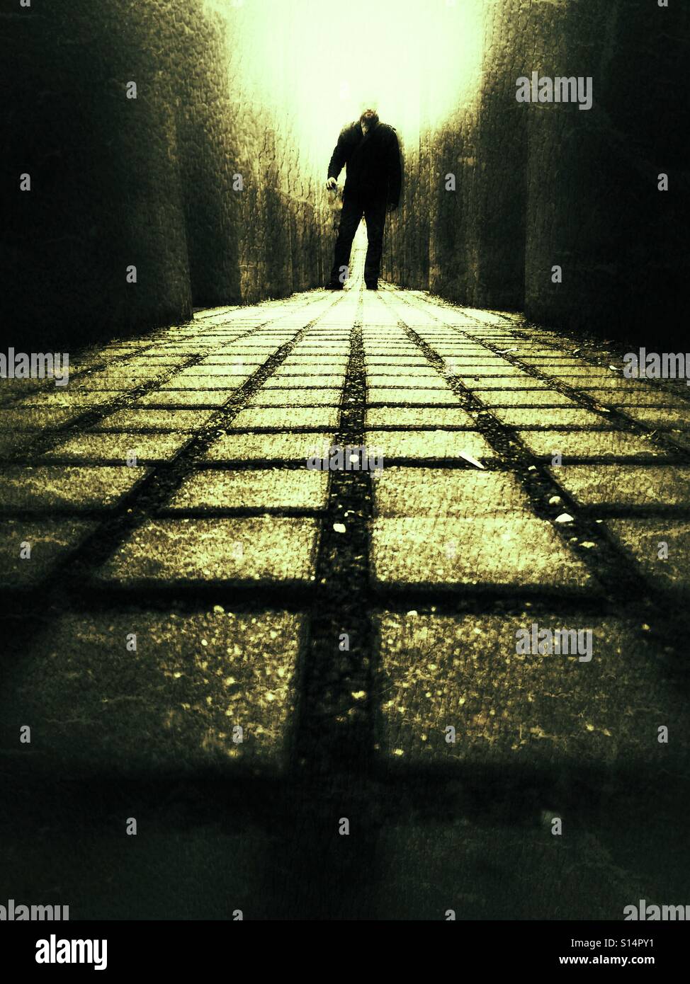 Man standing in a narrow path with his head almost disappeared Stock ...