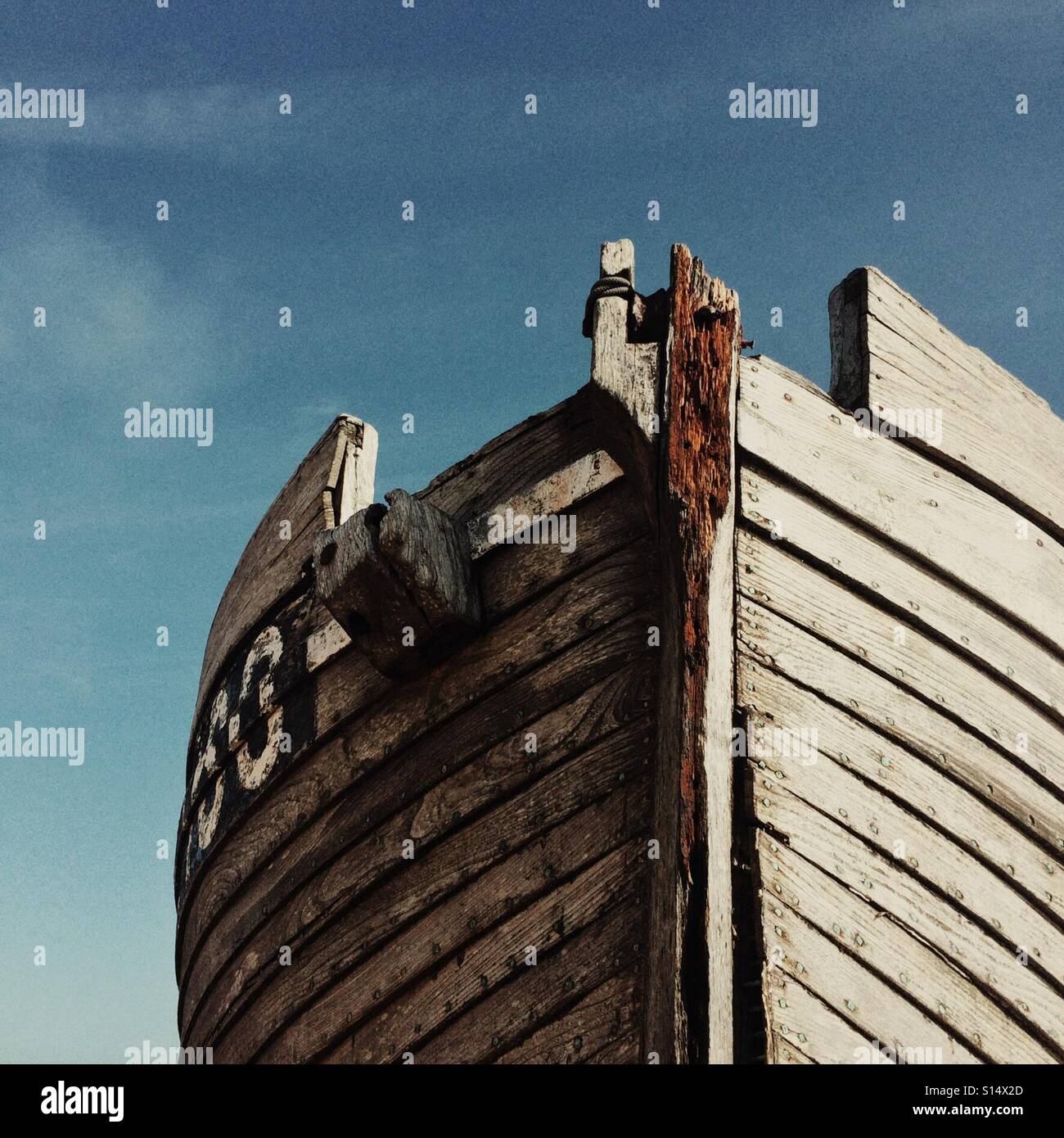 Close up of an old wooden hull fishing boat Stock Photo - Alamy