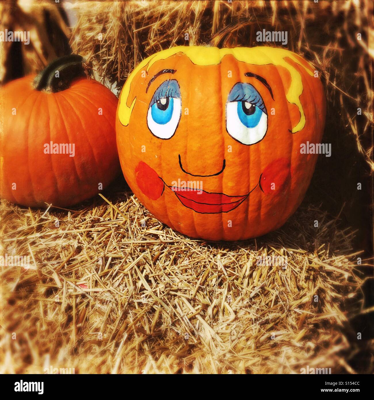 Two pumpkins on a bale of hay. One pumpkin has the face of a female ...