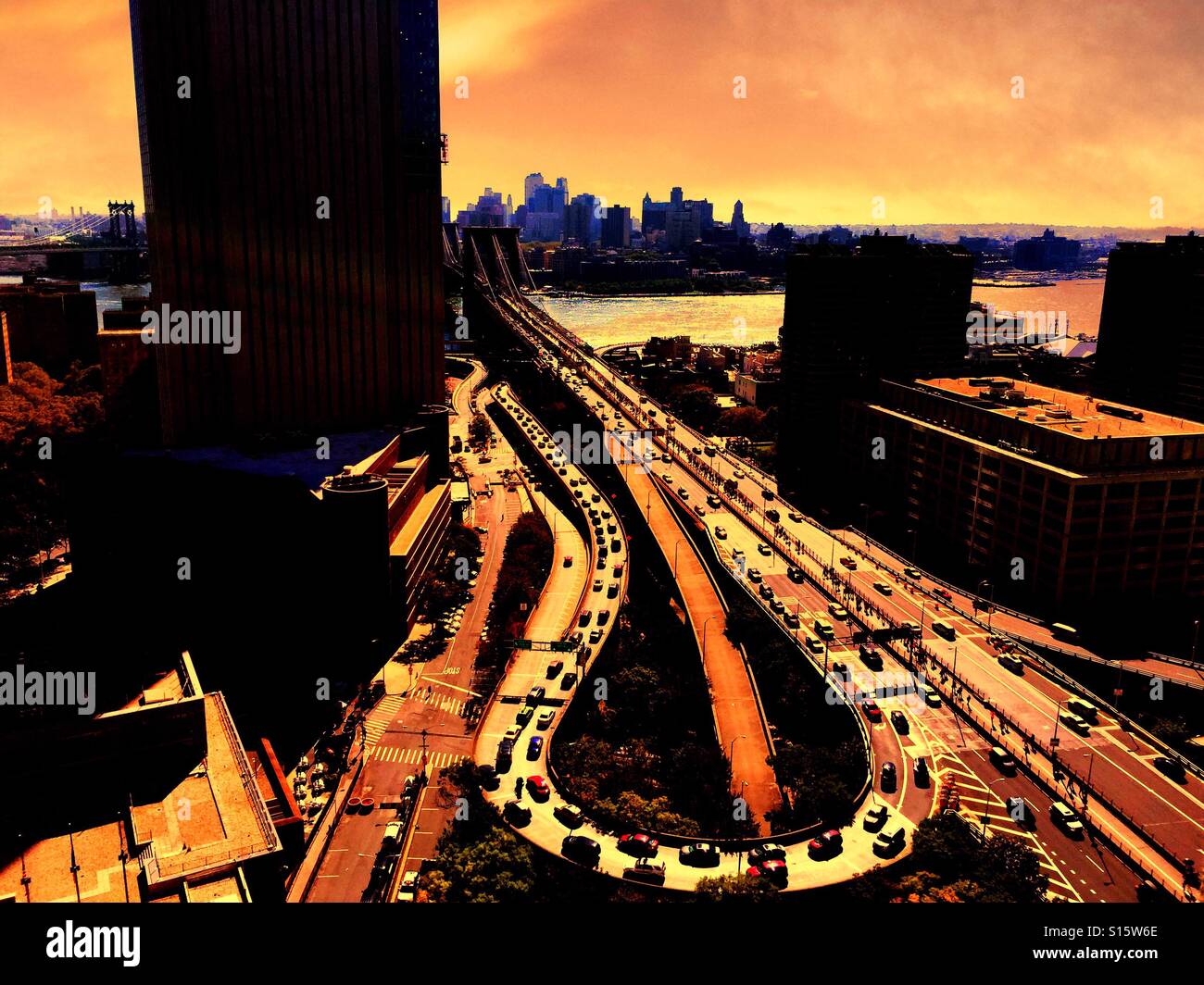 Traffic entrance and exit ramps to the Brooklyn Bridge, NYC Stock Photo ...