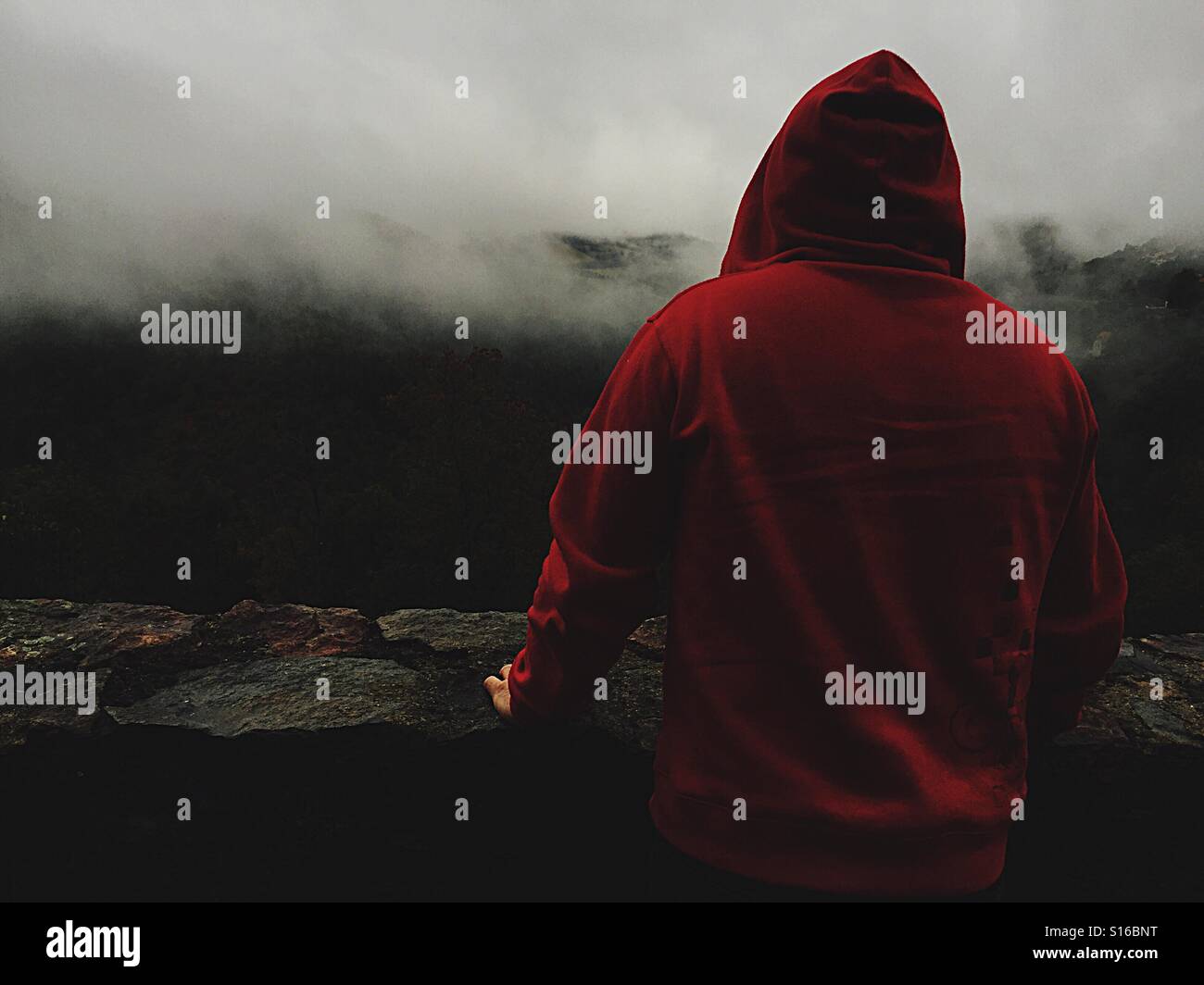 Scenic view of man looking at the foggy weather Stock Photo - Alamy