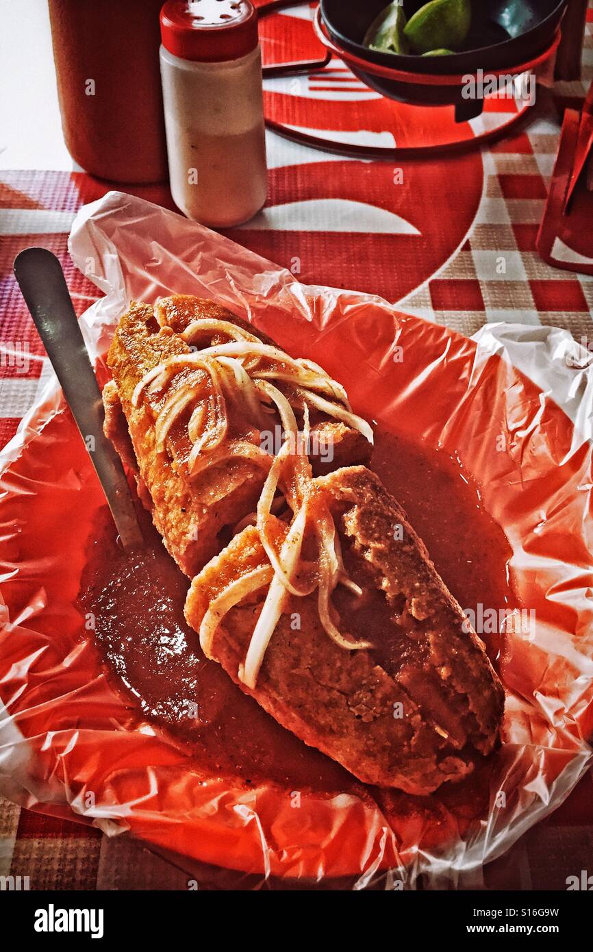 Close up of a delicious torta ahogada, a popular and typical dish from ...