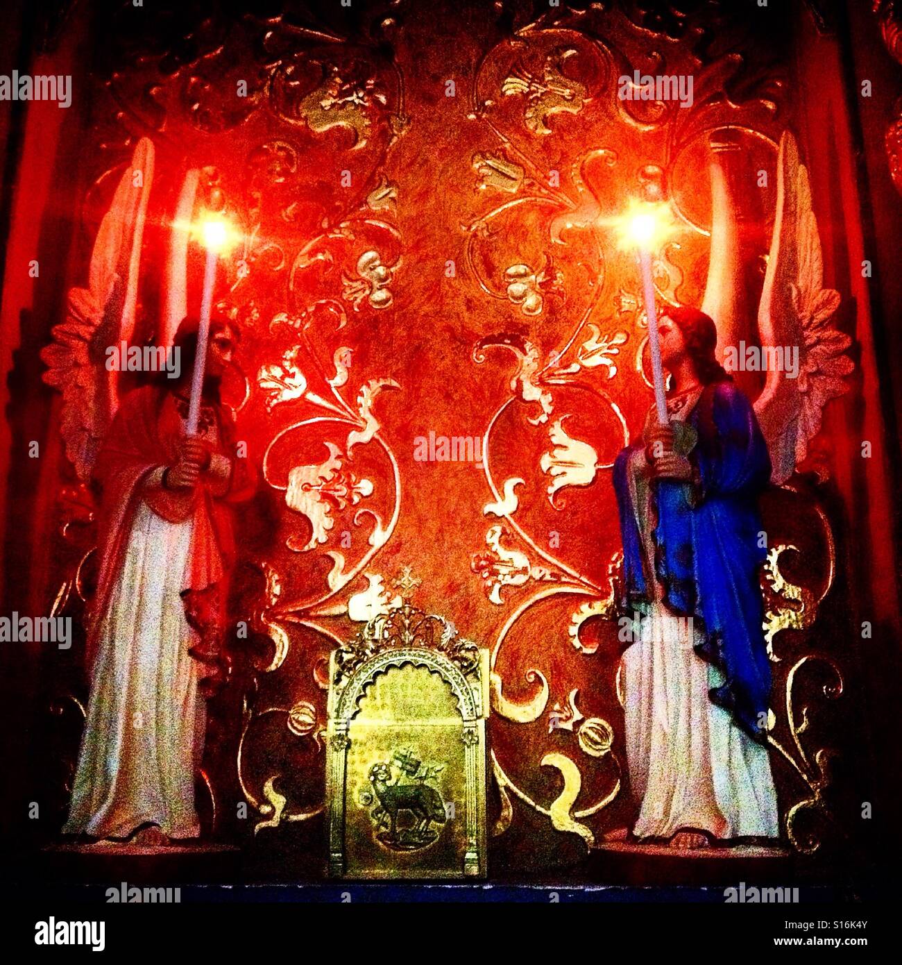 Two angels in an altar in a light bulb in a church in Mani, Yucatan ...
