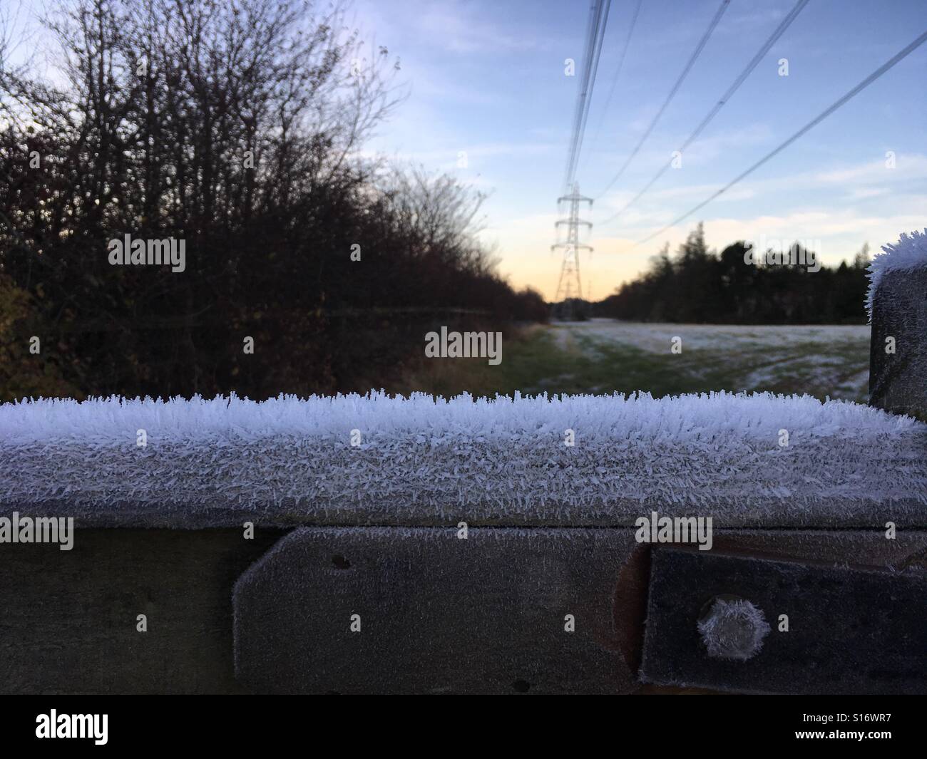Frosty gate and pylon Stock Photo - Alamy