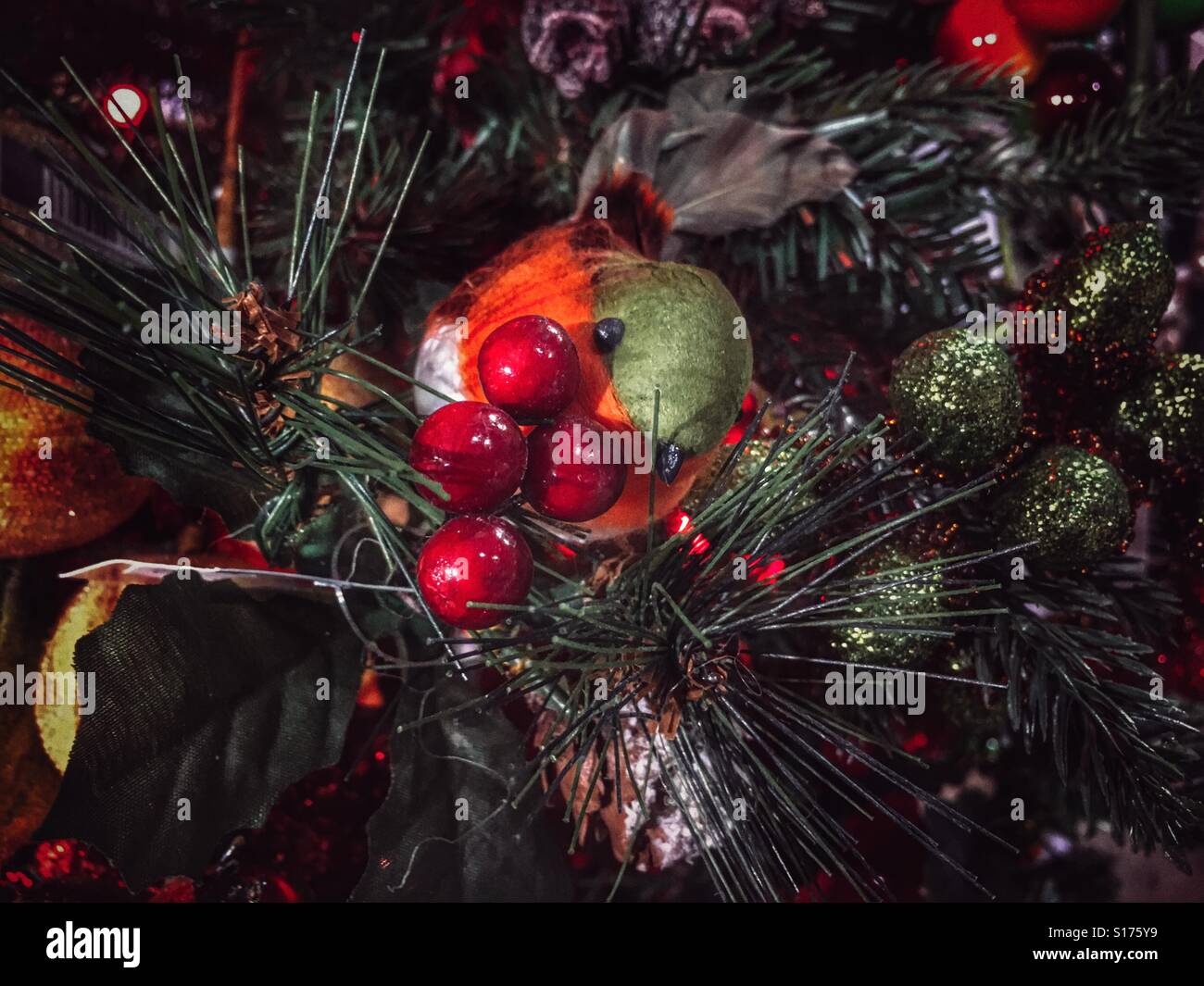 Robin decorating a Christmas tree Stock Photo - Alamy