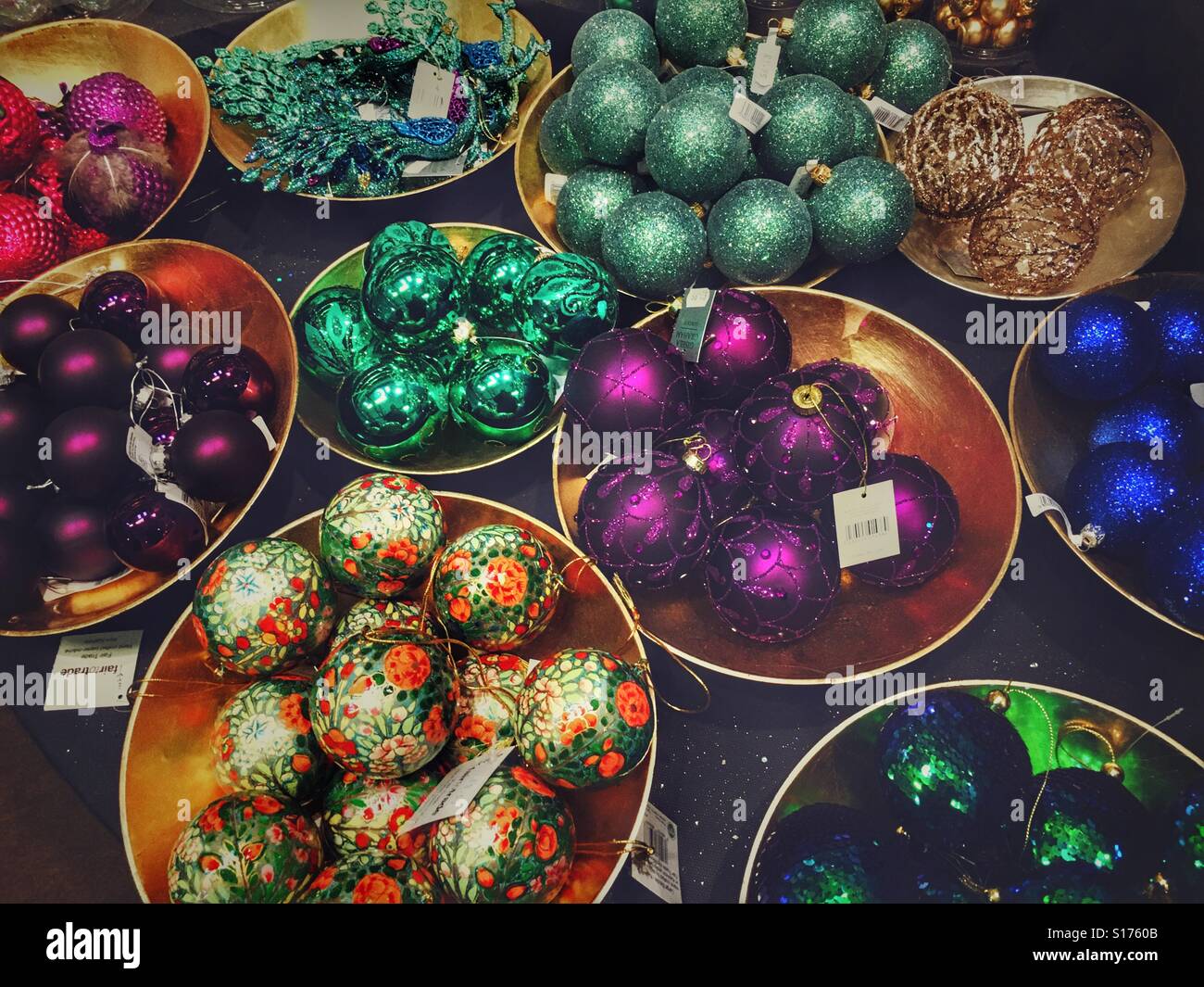Shop display of Christmas tree decorations Stock Photo - Alamy