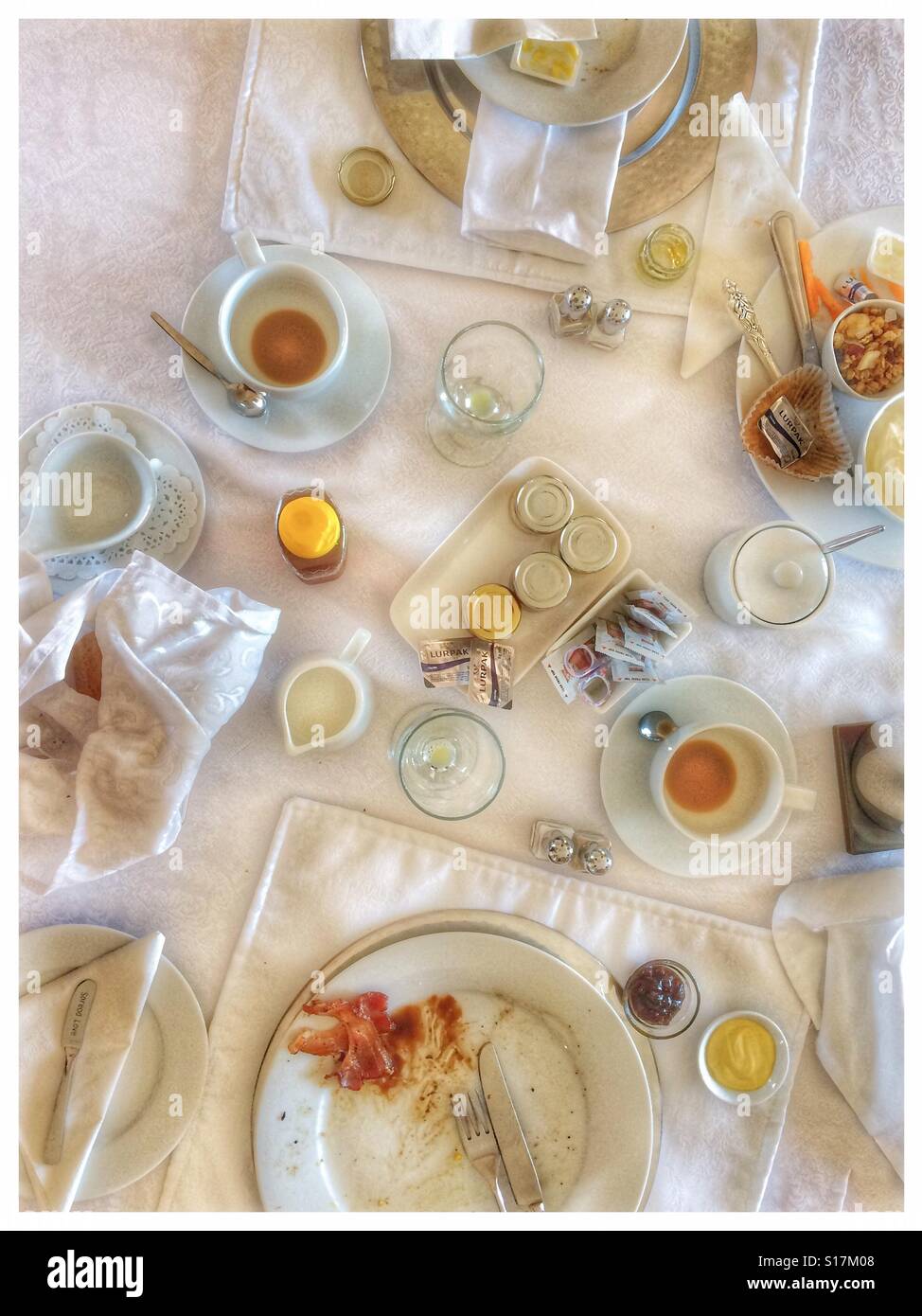 Breakfast table after meal from above Stock Photo - Alamy