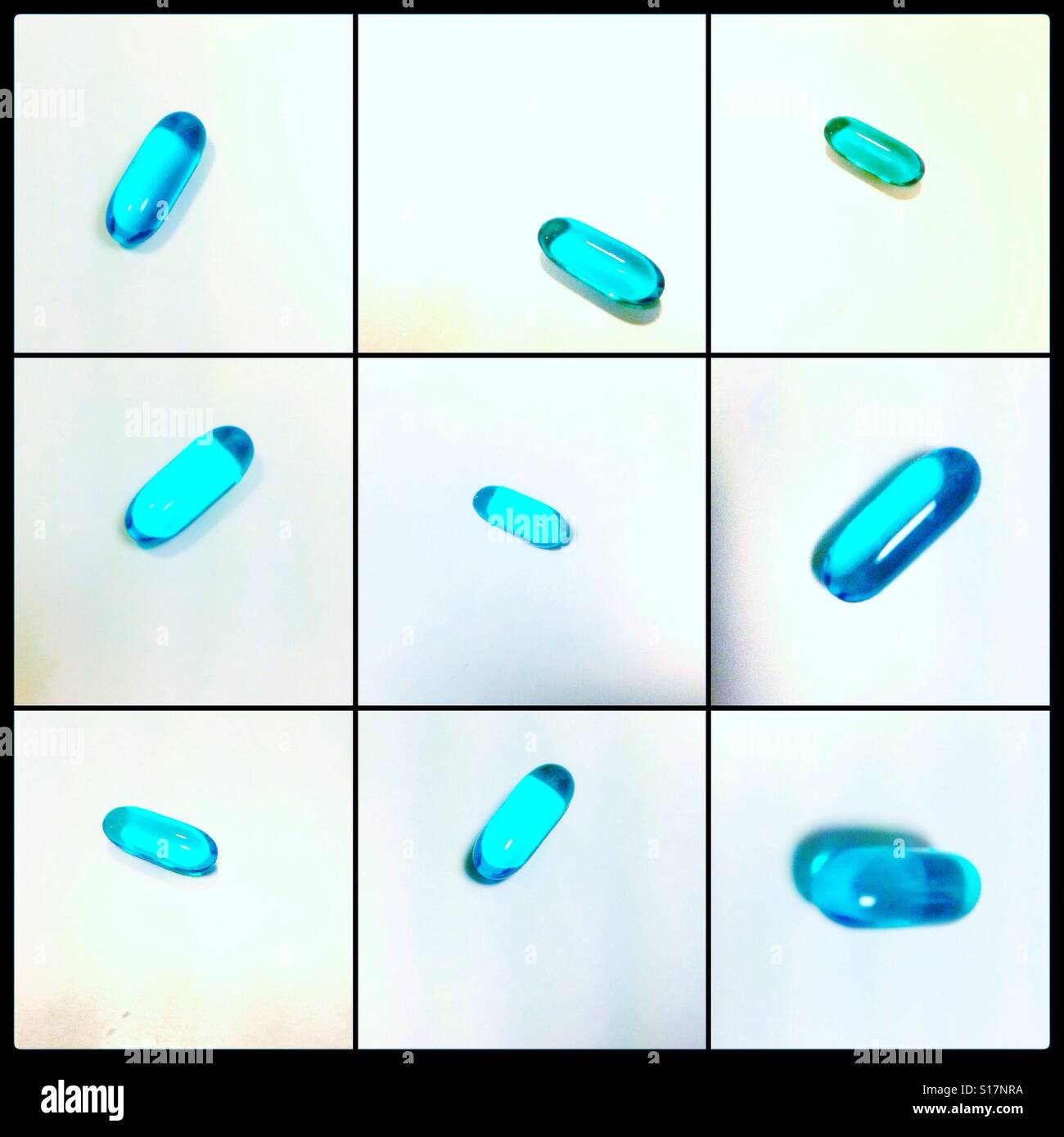 A grid of nine blue medicine pharmaceutical gel cap pills Stock Photo ...