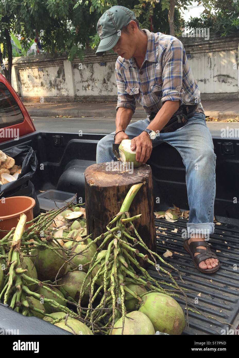Street vendor selling coconut on a pickup, Chiang Mai, Thailand Stock ...