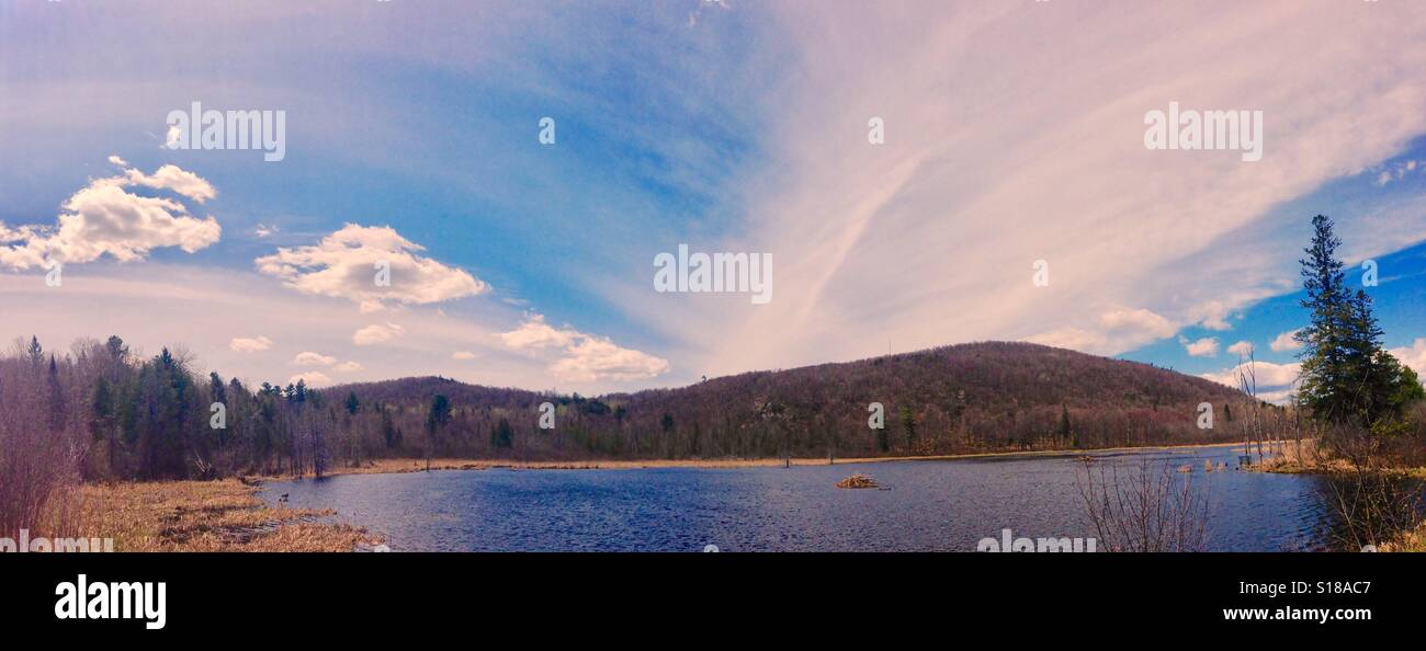 Spring Hills At Forest By Lake Under Blue Sky Stock Photo - Alamy