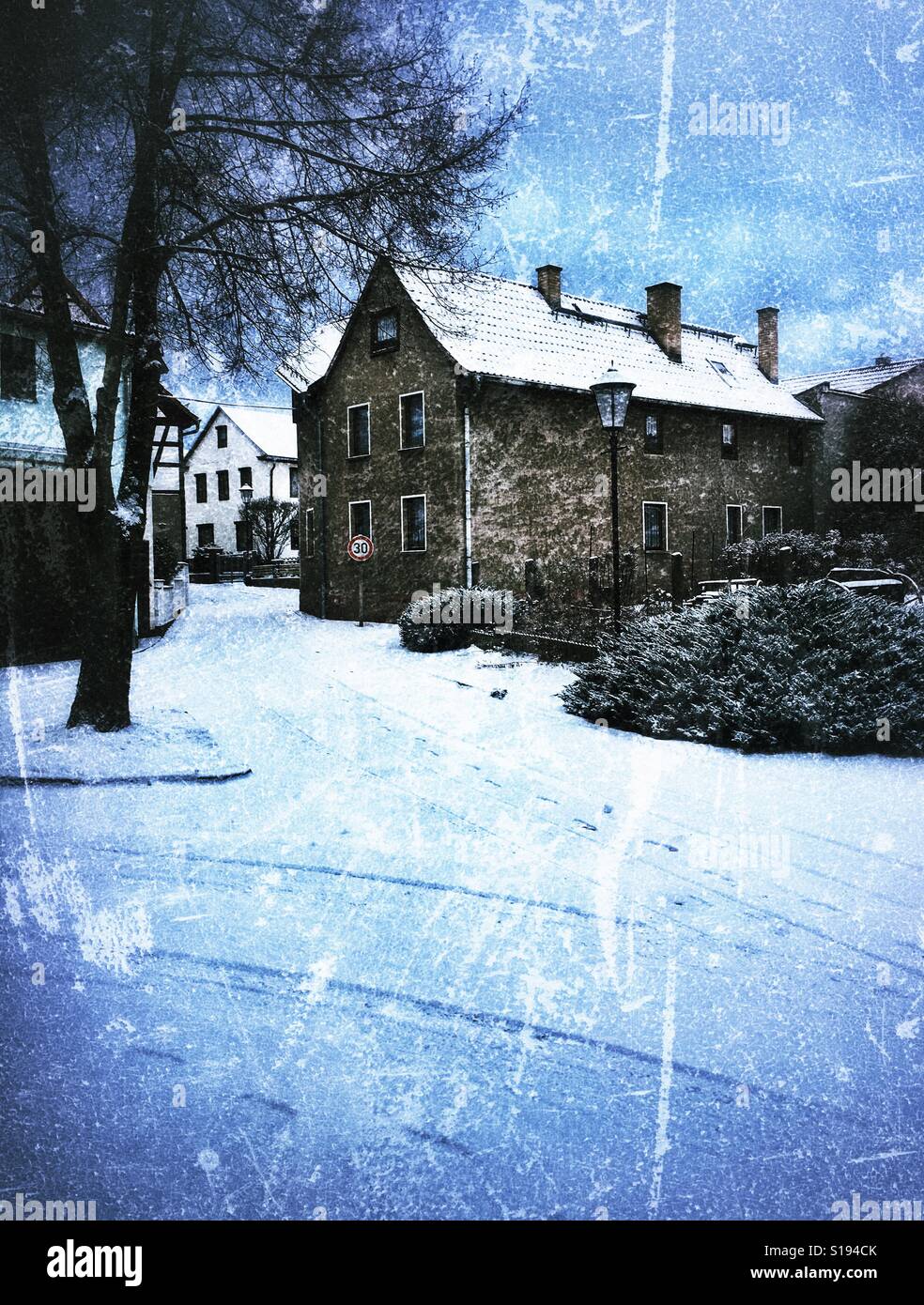 Winter view with house and street Stock Photo - Alamy