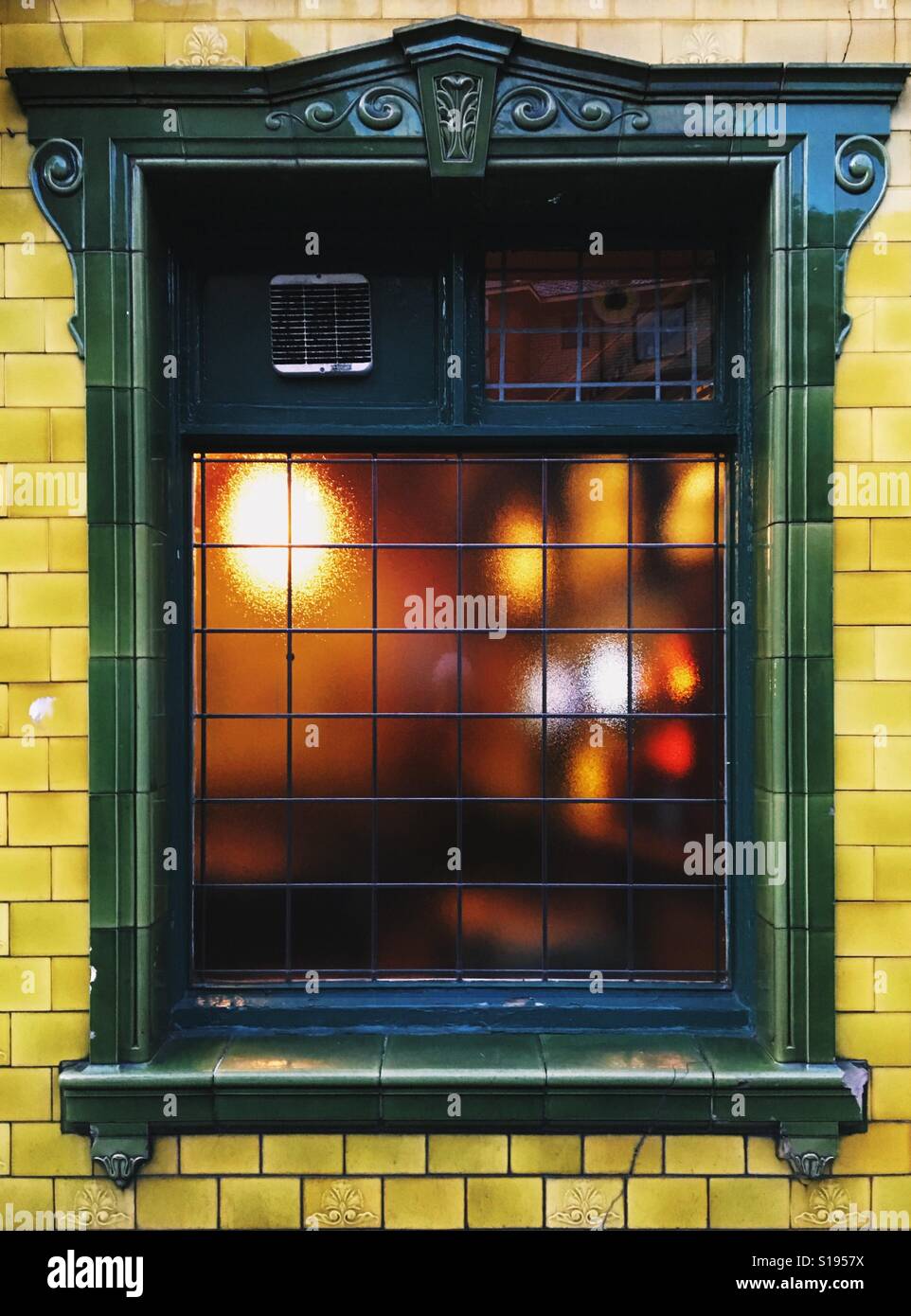 Frosted window of a traditional British pub seen from outside Stock ...