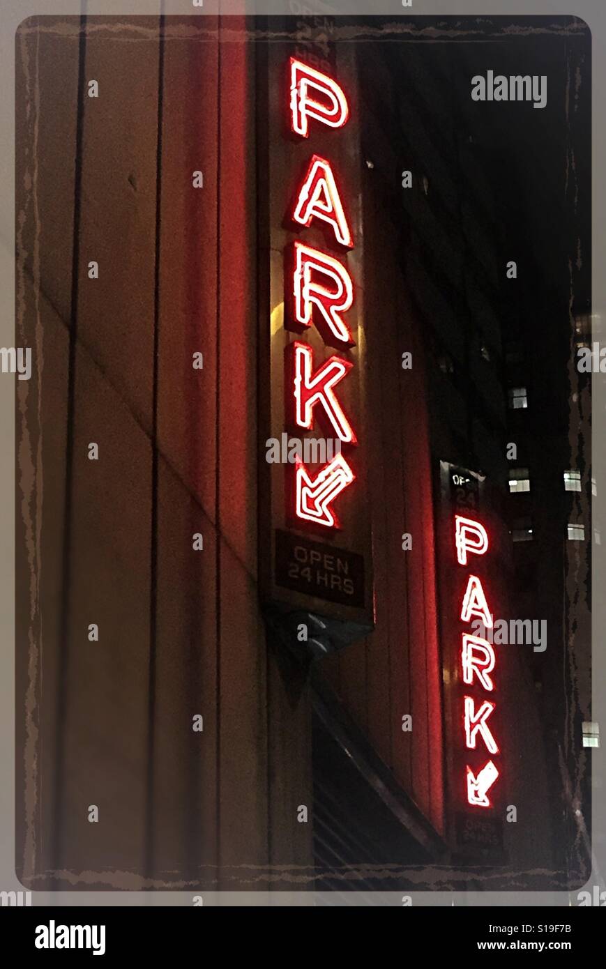 Park neon signs for automobile parking garage, Times Square, NYC, USA ...