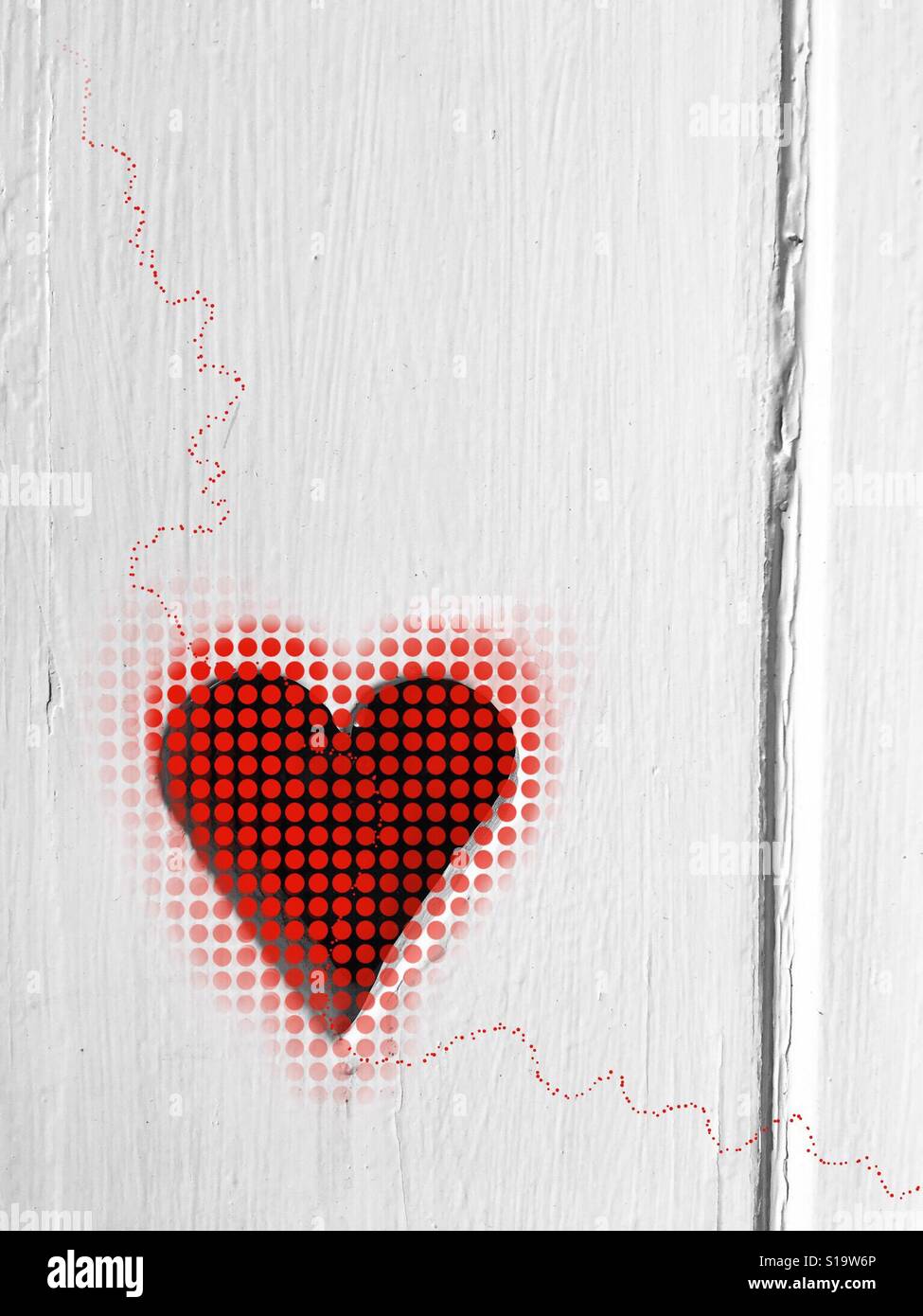 Red spotted heart on white, painted wooden background Stock Photo - Alamy