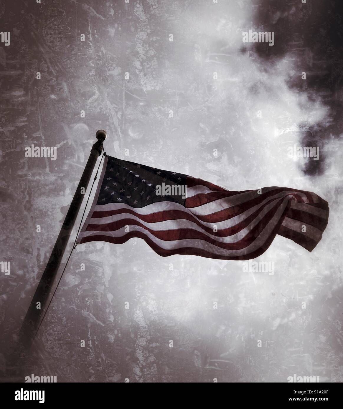 Dramatic grunge edit of American flag flying Stock Photo - Alamy