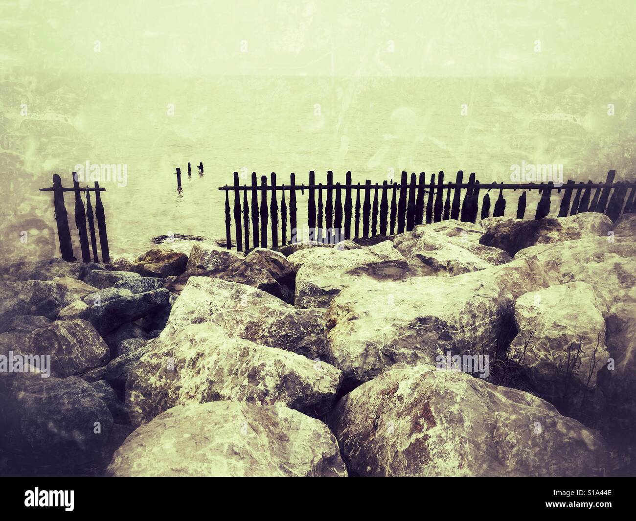 Rock armour and wooden breakwater coastal defences, East Lane, Bawdsey ...