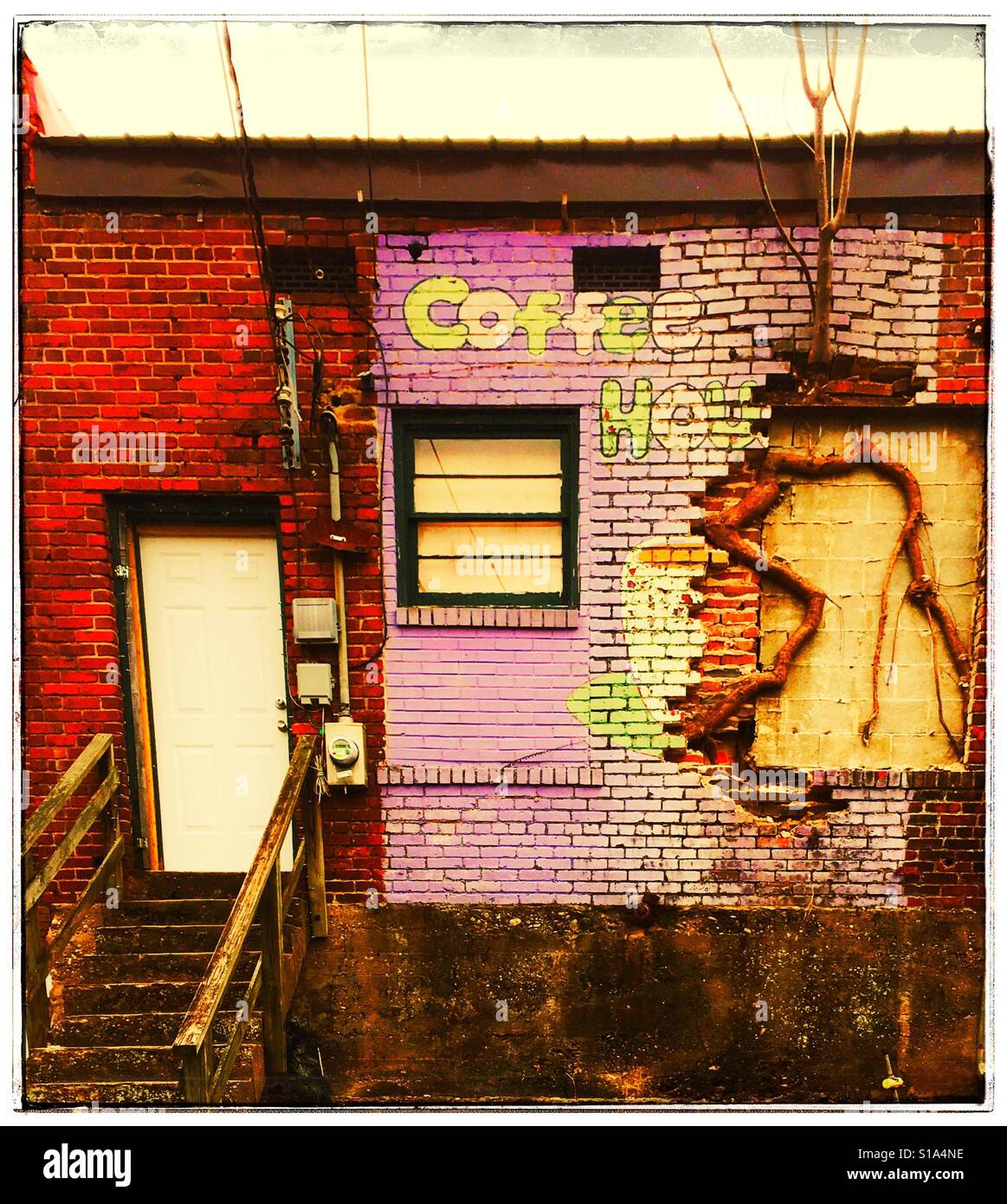Back of all coffee shop in old building Stock Photo - Alamy