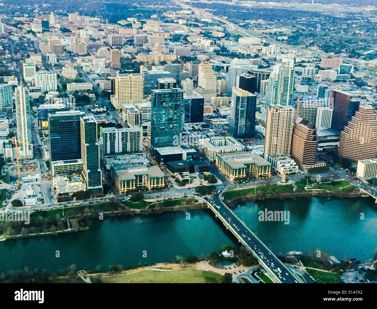 An aerial view of downtown Austin Texas and Lady Bird Lake Stock Photo ...