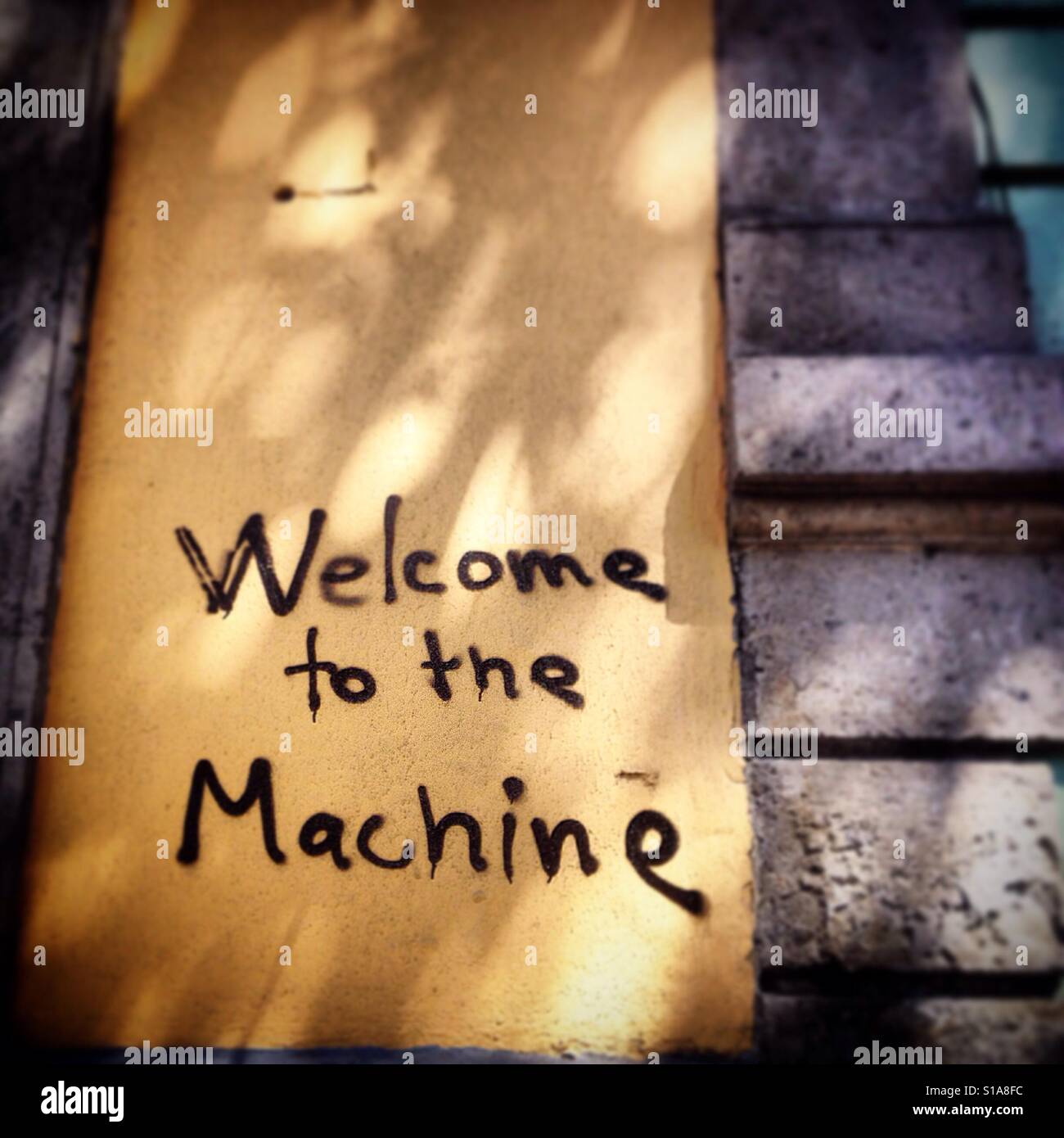 A sign reading "Welcome to the machine" decorates a wall in Mexico City ...