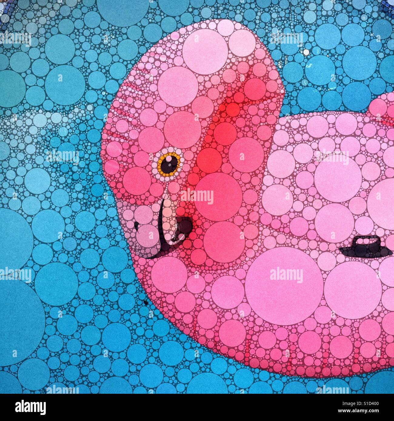 A digital artwork of a large inflatable pink flamingo floating in a ...