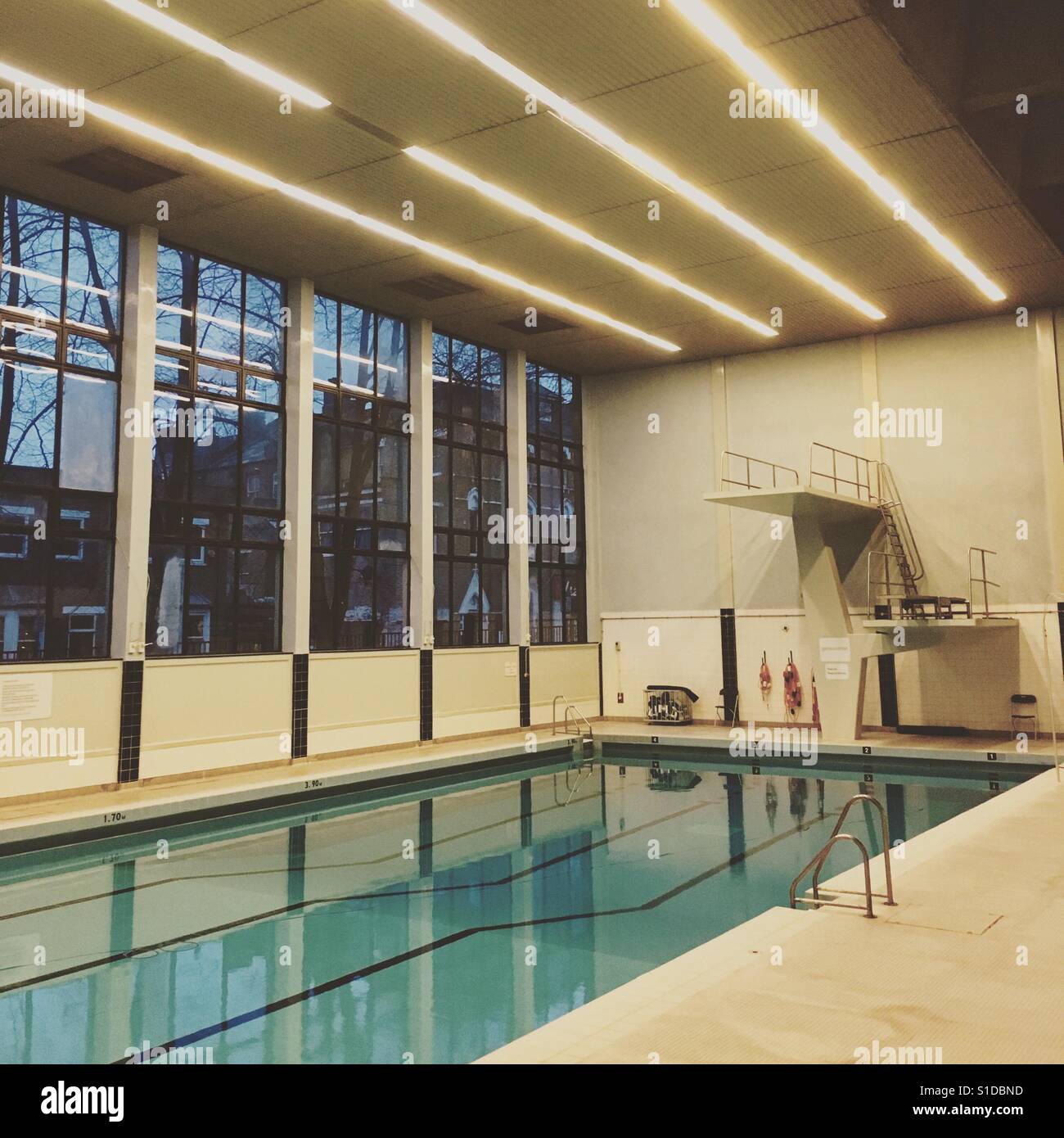 Empty Swimming pool interior with neon lights at dawn Stock Photo - Alamy