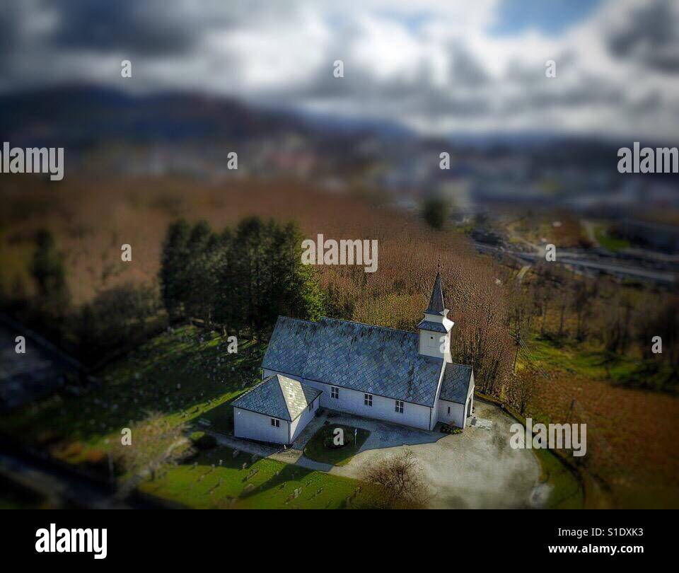 Aerial image of the old Åsane church in Bergen, Norway made in to a ...