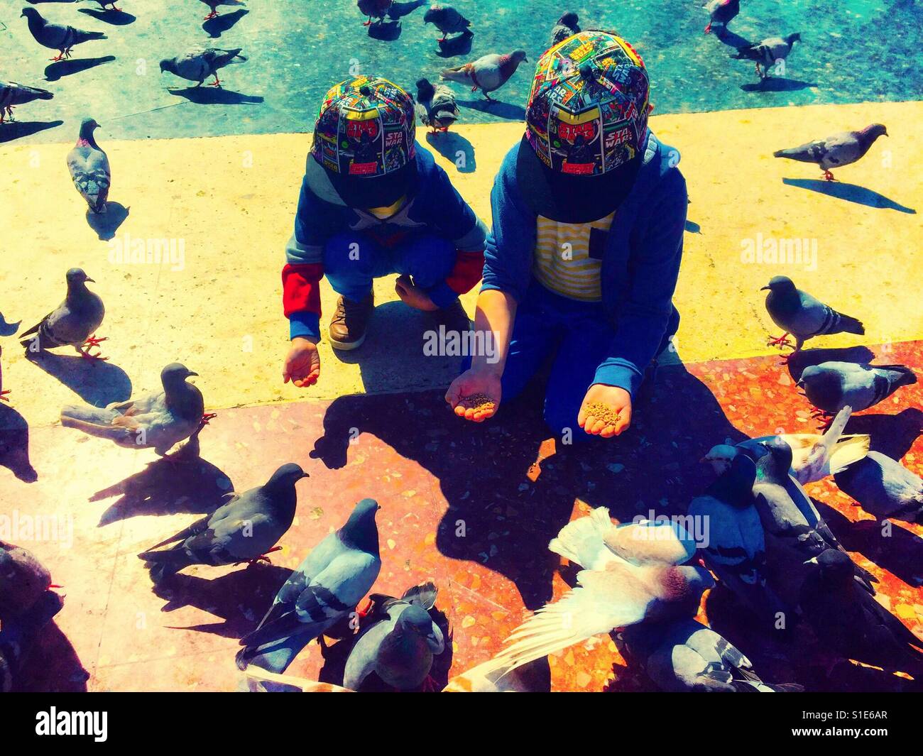 Two young brothers squat and kneel down to feed pigeons Stock Photo - Alamy