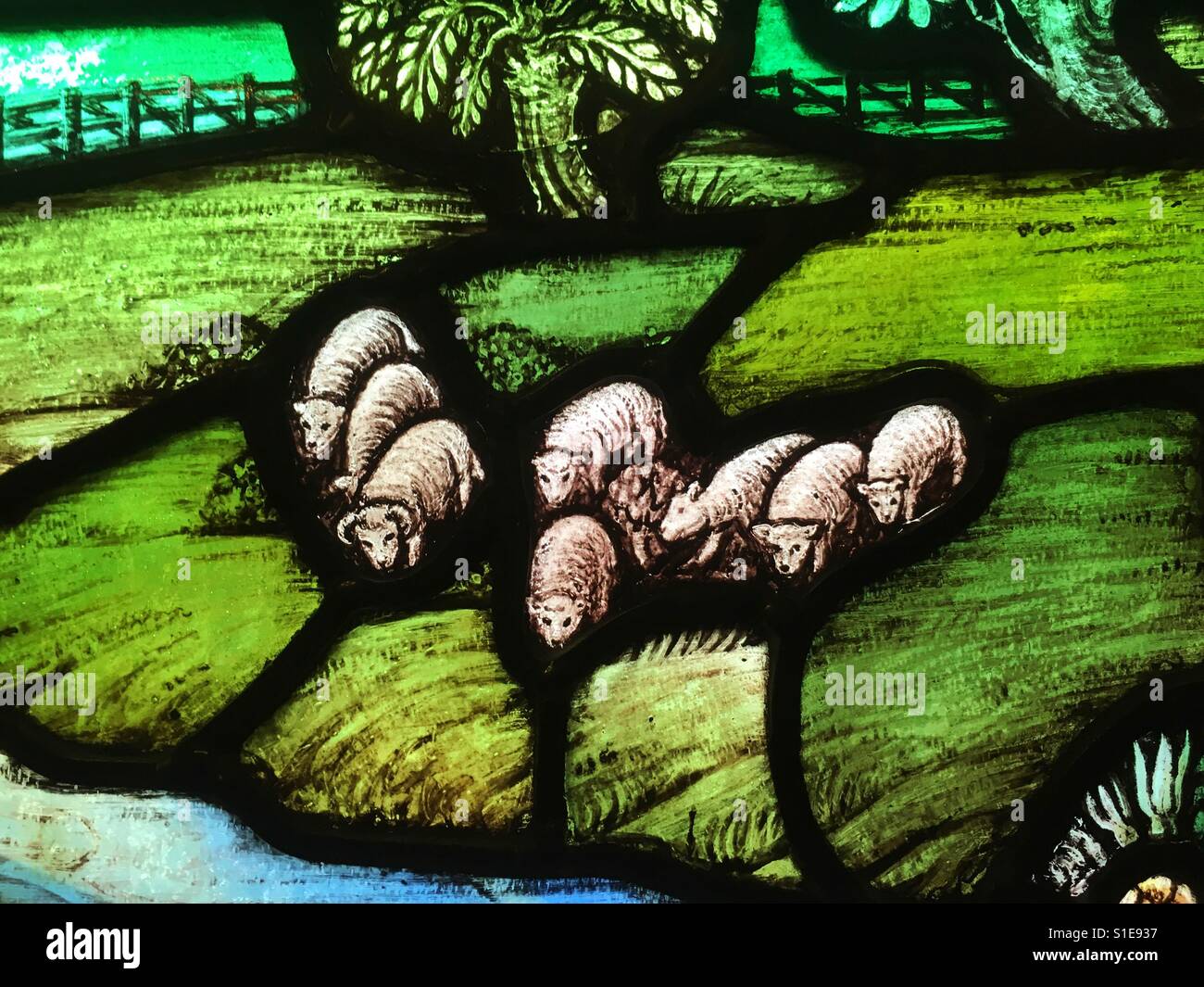 A flock of sheep in a stained glass window detail Stock Photo - Alamy