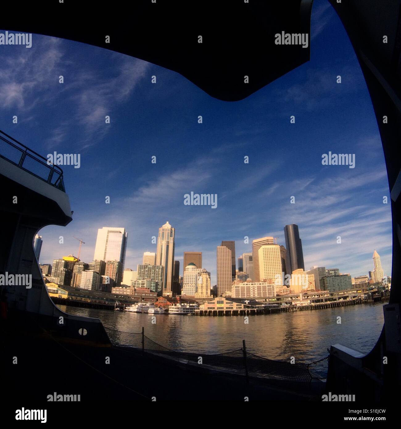 Downtown Seattle, viewed from Washington State Ferry approaching dock ...
