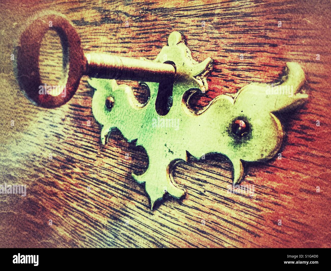 Antique oak bureau under lock and key Stock Photo - Alamy