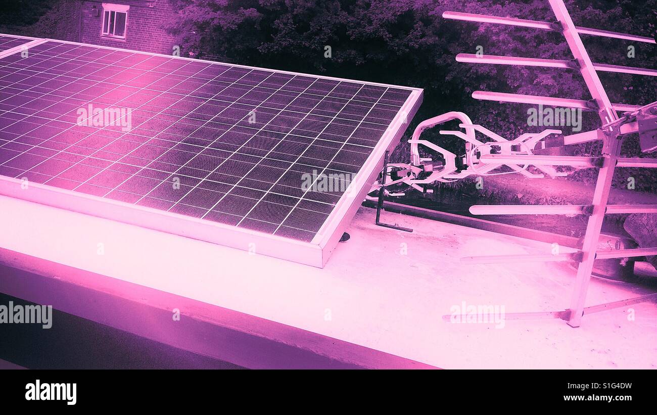 Solar panel and aerial on barge roof Stock Photo - Alamy