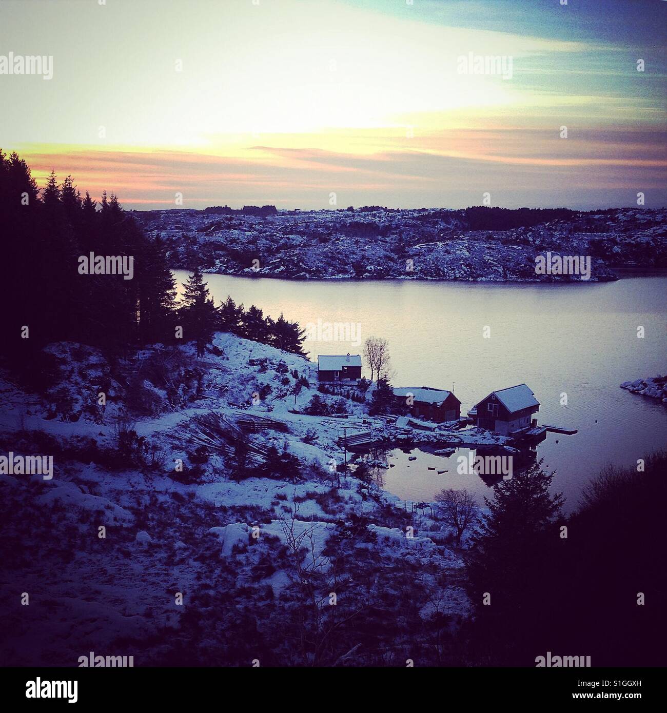 Winter scene Norway snow fjord cabin Stock Photo - Alamy