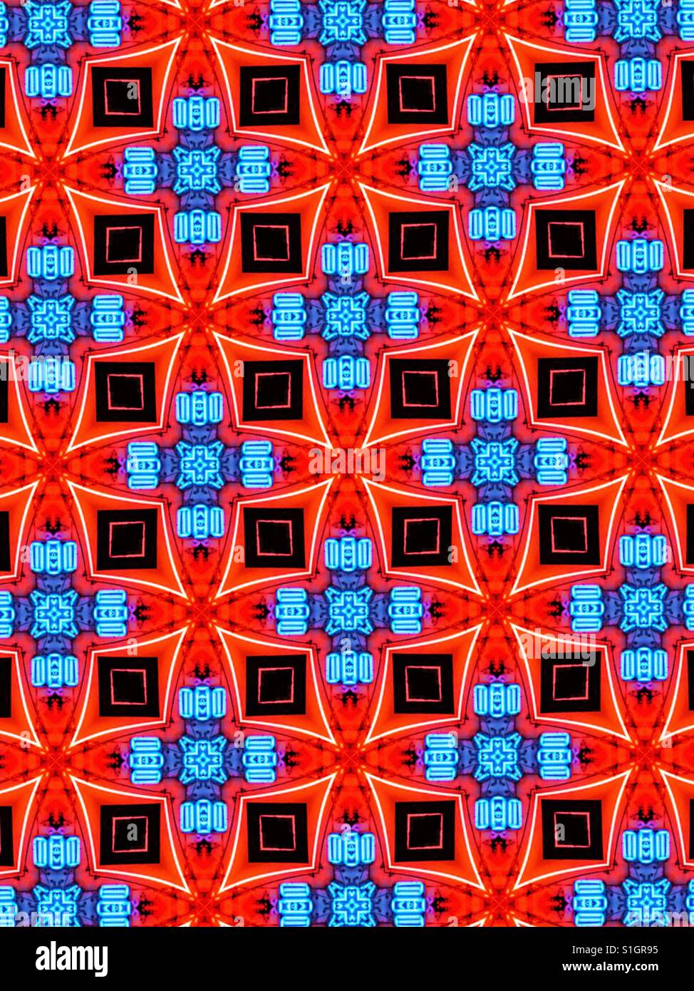A colorful kaleidoscopic repetitive pattern of neon colors and shapes ...