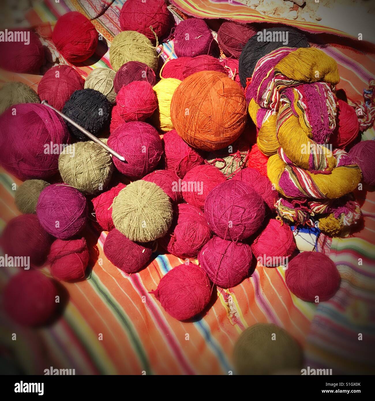 Yarn spun from alpaca wool used for weaving traditional Andean textiles ...