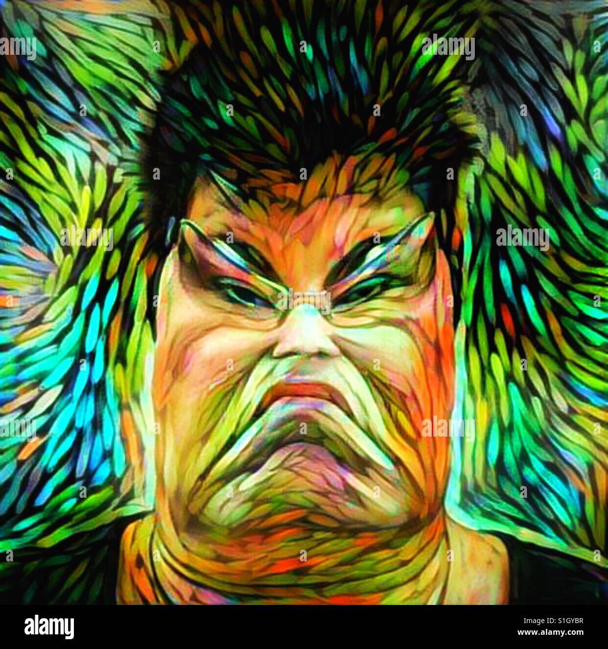 A colorful comical digital artwork of a portrait of a dark haired ...