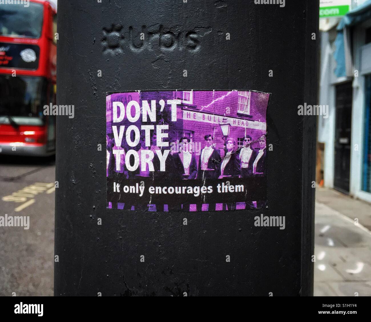 A sticker with the slogan "DON'T VOTE TORY It only encourages them" on ...