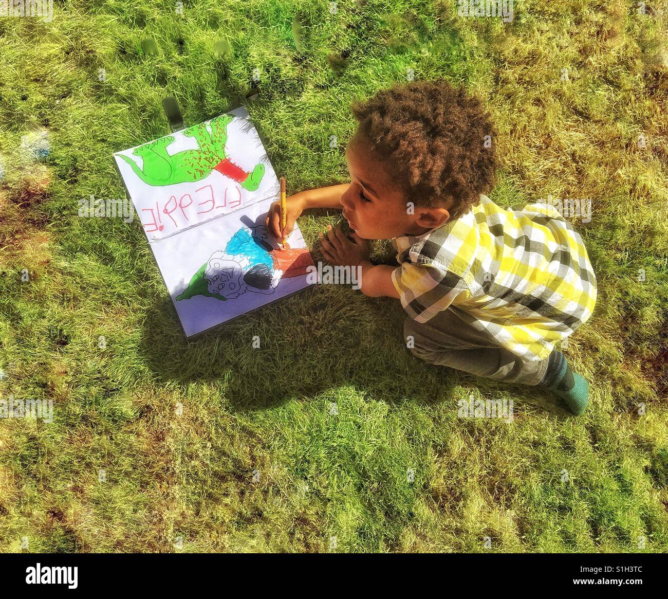 A little boy drawing on the grass Stock Photo - Alamy