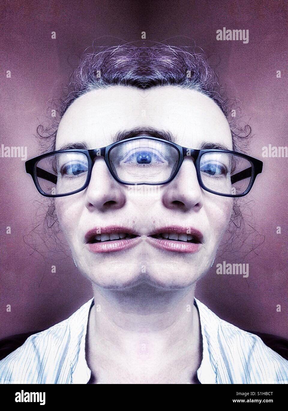 Freaky portrait of woman with three eyes and two mouths. Would you ...